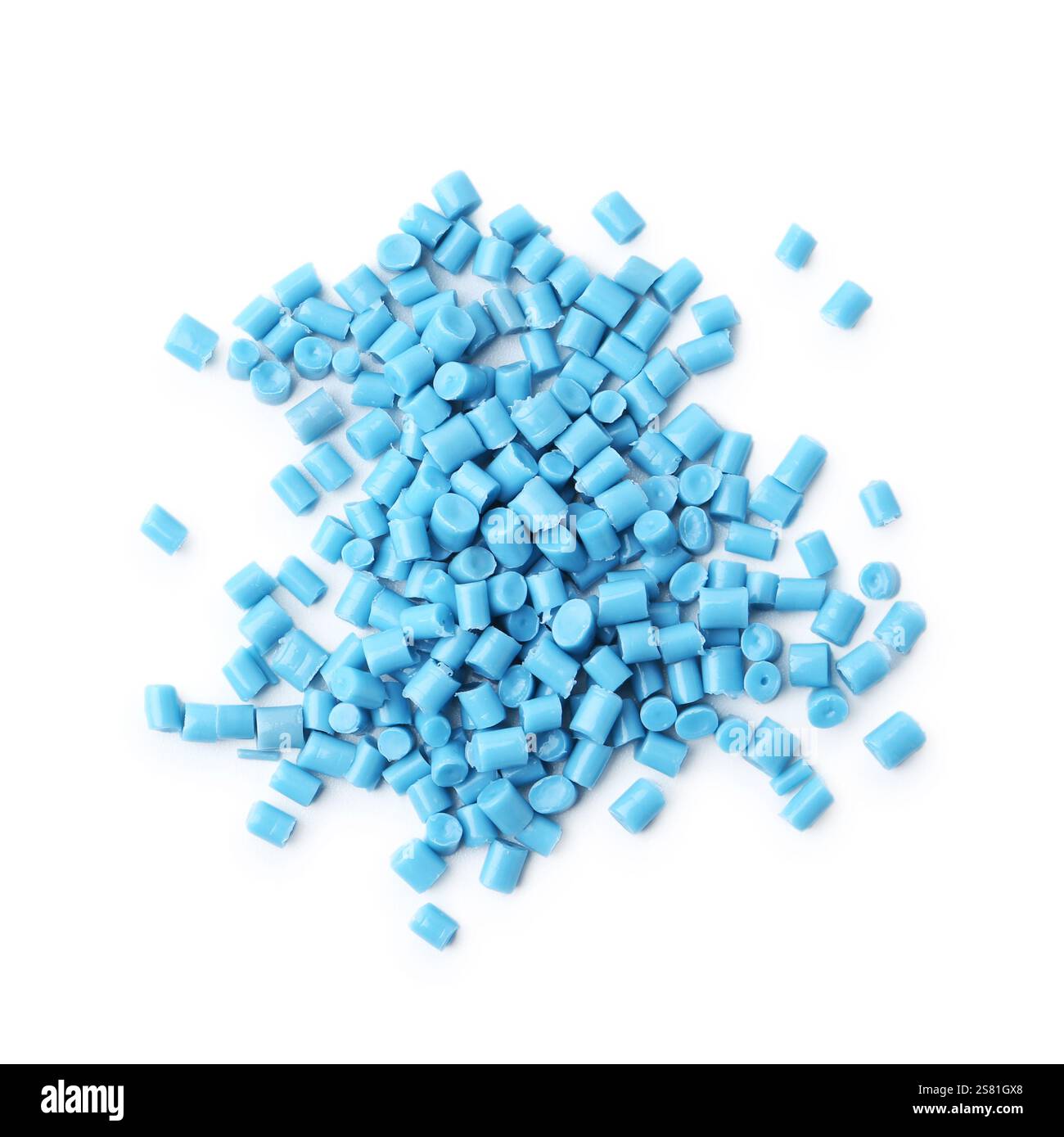 Pile of light blue plastic granules isolated on white, top view Stock ...