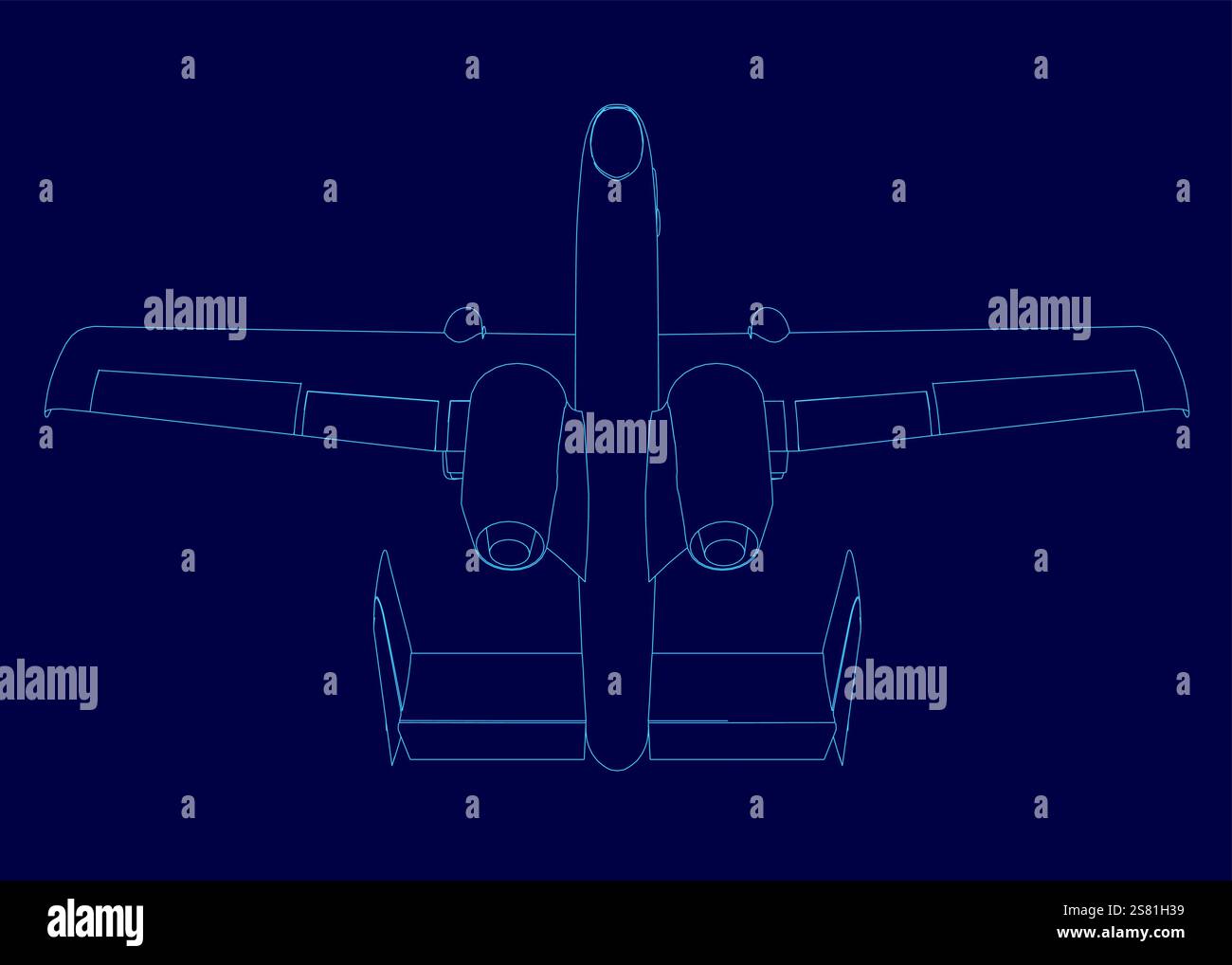 Blue airplane is shown in a blue drawing. The airplane is a small ...