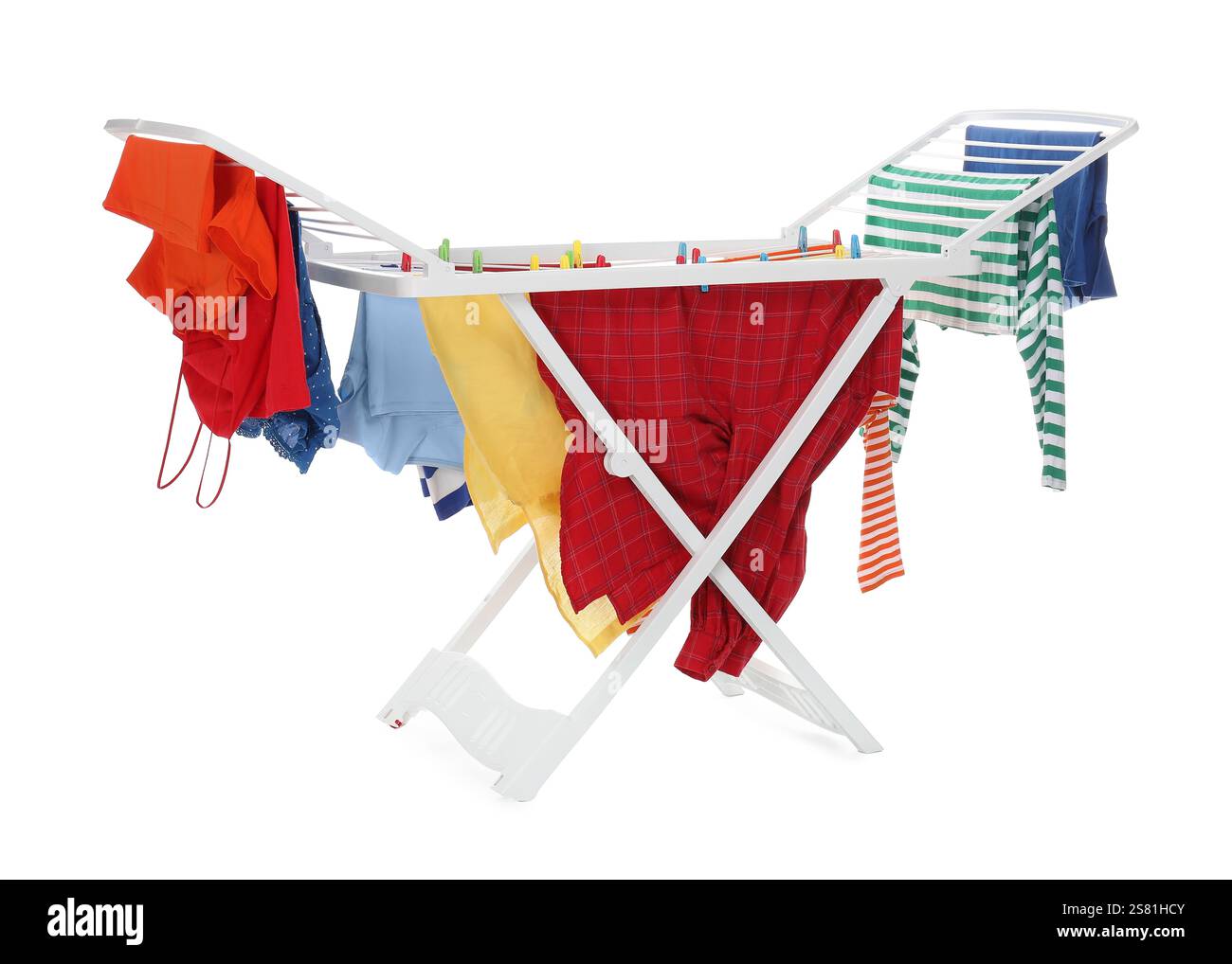 Drying rack with fresh clean laundry isolated on white Stock Photo - Alamy