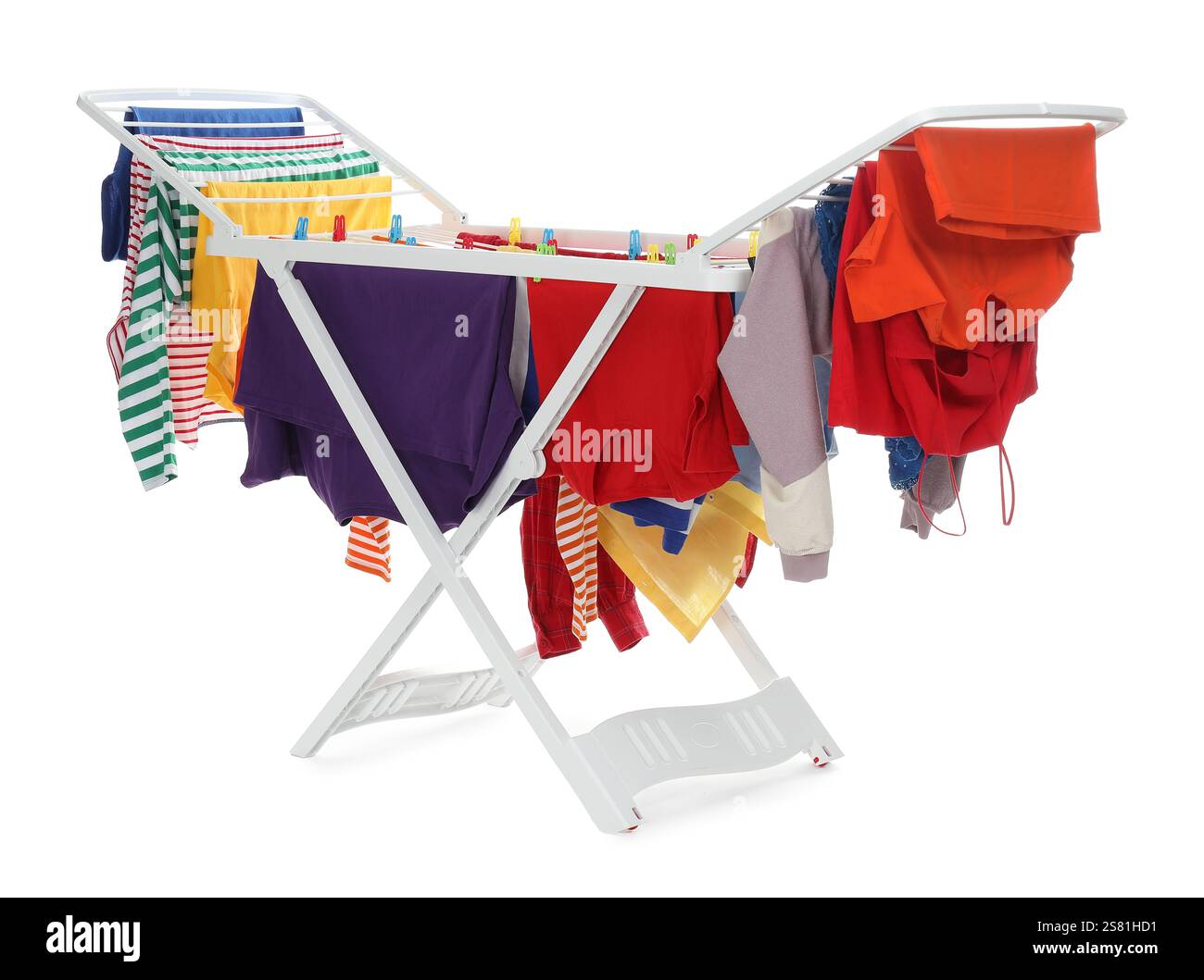 Drying rack with fresh clean laundry isolated on white Stock Photo - Alamy