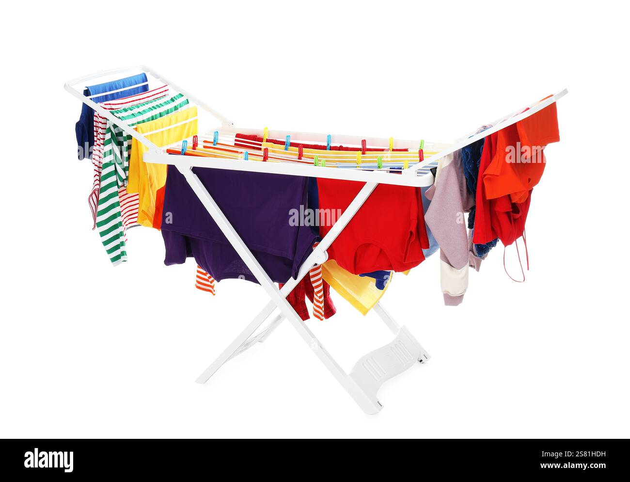 Drying rack with fresh clean laundry isolated on white Stock Photo - Alamy