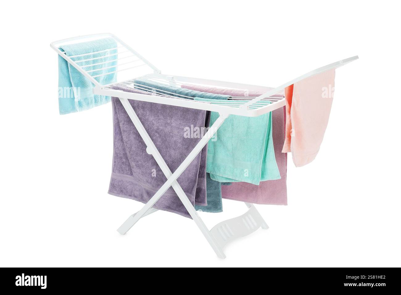 Drying rack with fresh clean laundry isolated on white Stock Photo - Alamy