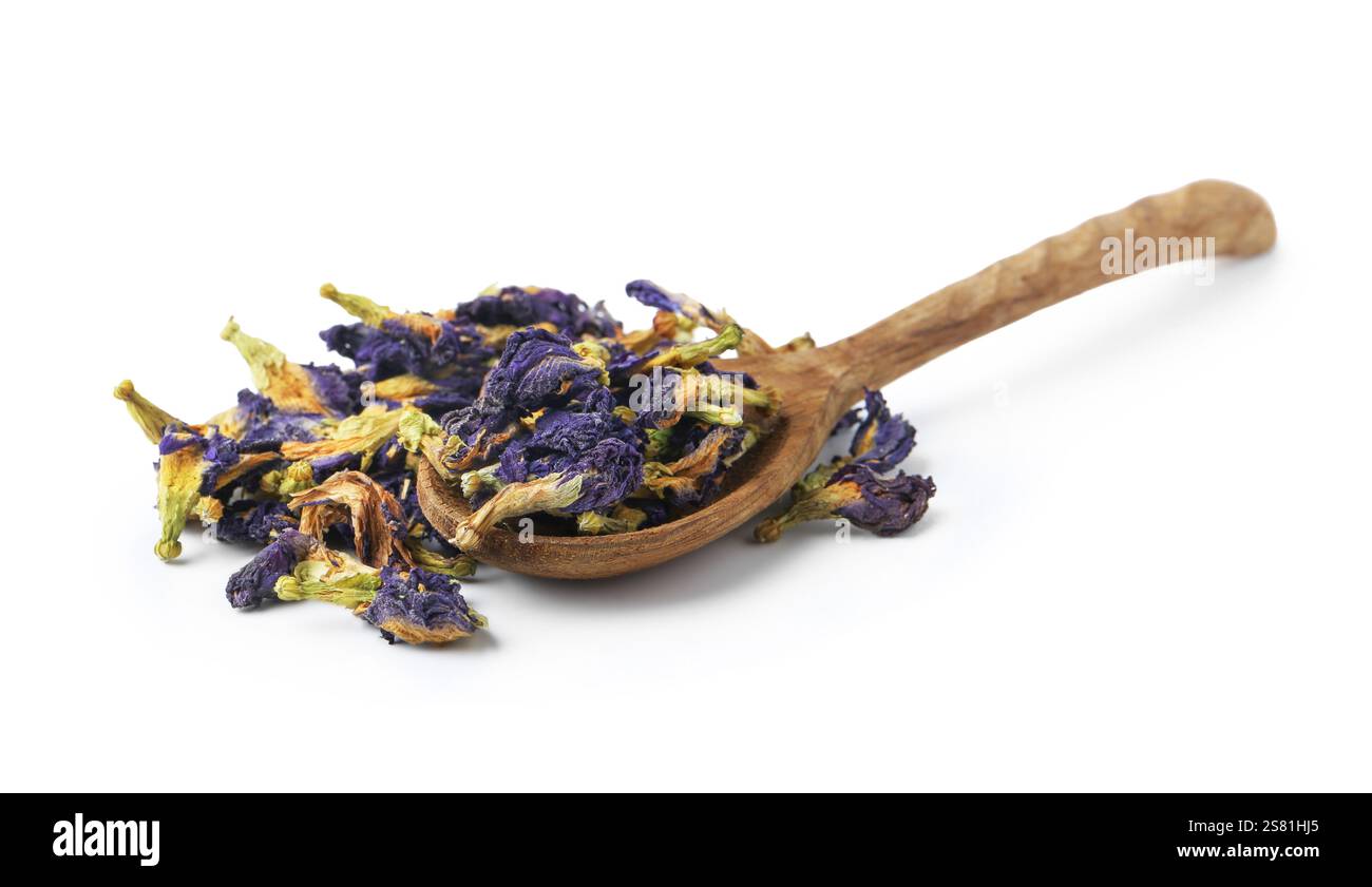 Spoon with butterfly pea flower tea isolated on white Stock Photo - Alamy