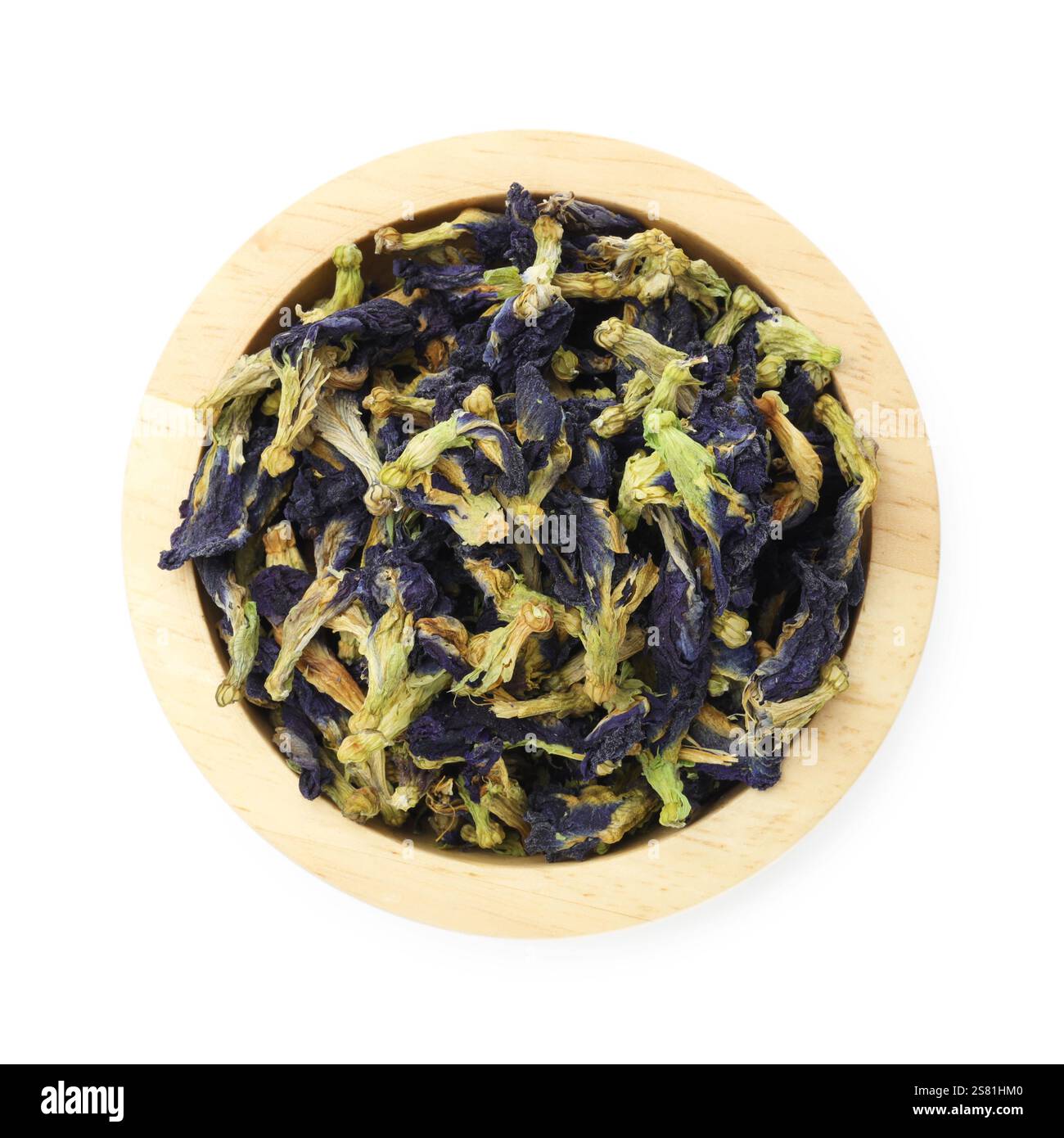 Butterfly pea flower tea. Dry Clitoria ternatea petals in bowl isolated ...