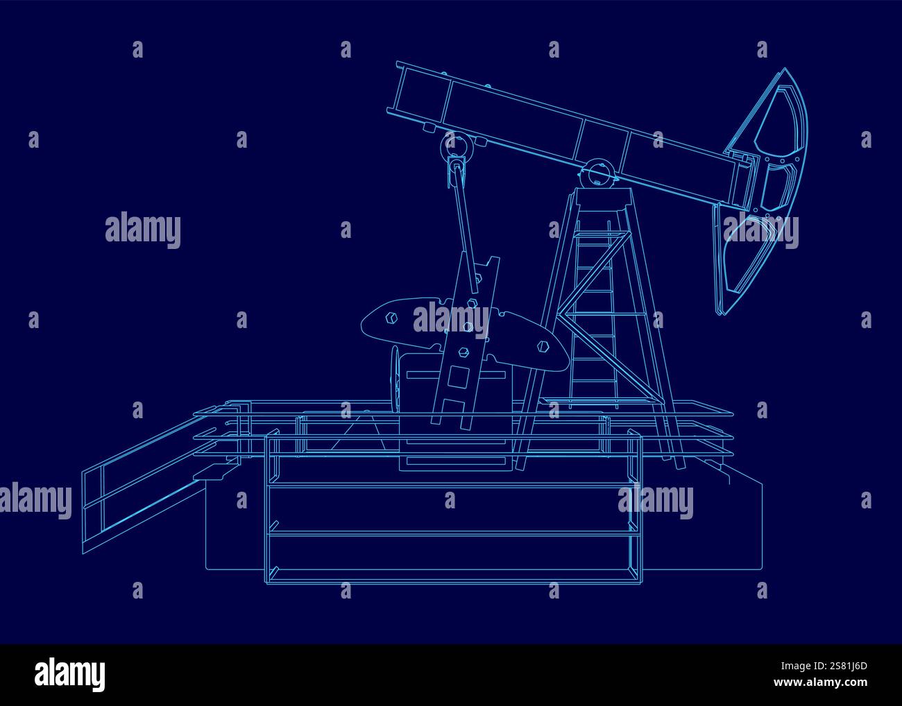 Blue drawing of a pump jack outline. The drawing is in blue and is very ...
