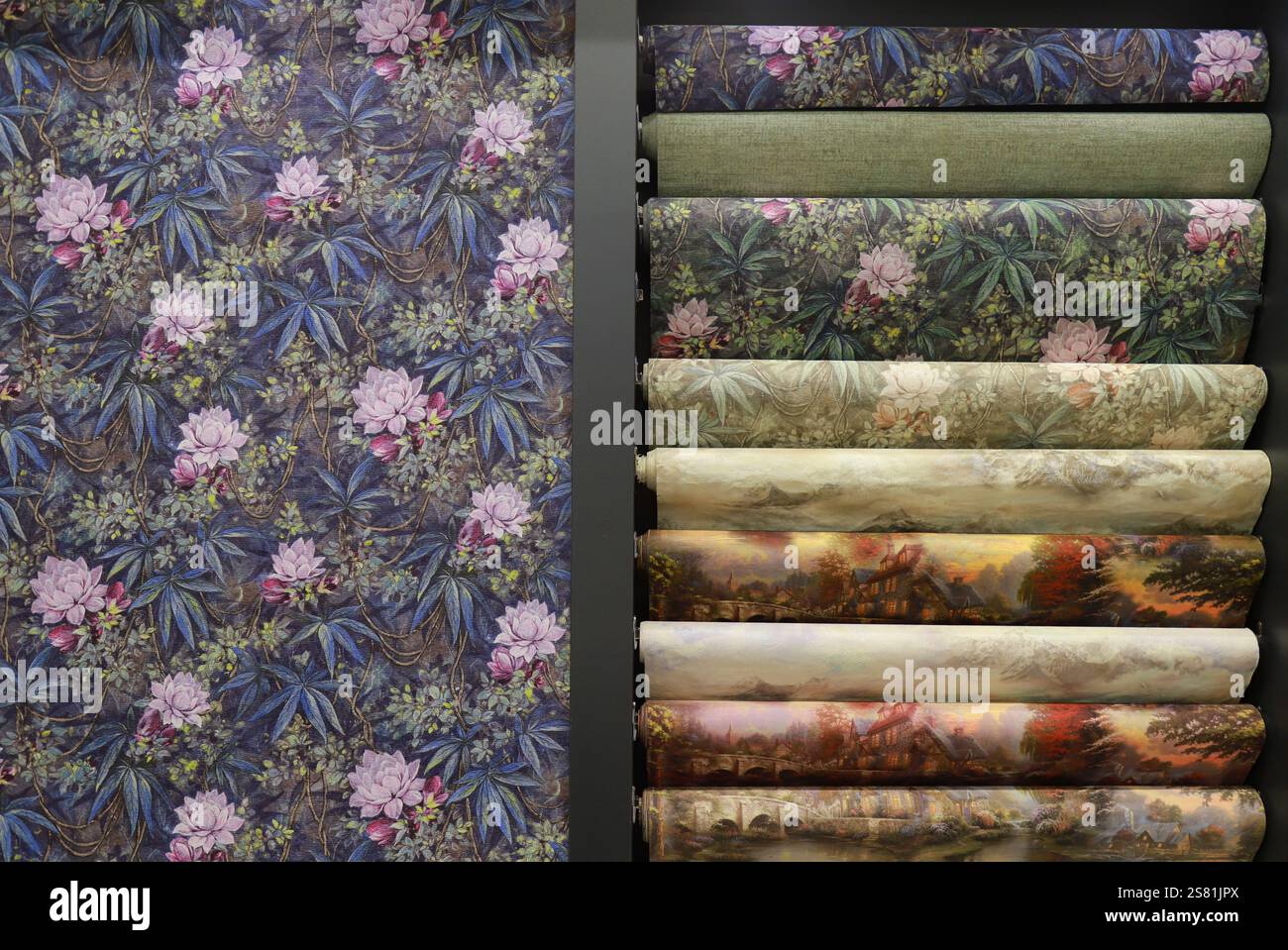 Rolls of vinyl wallpaper in building materials store. Wallpaper with ...