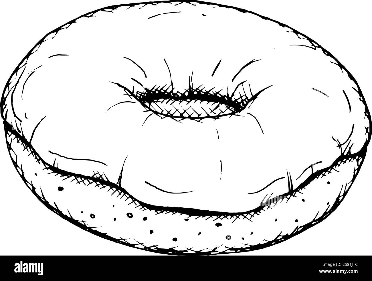 A simple black and white vector illustration of a classic donut in a ...