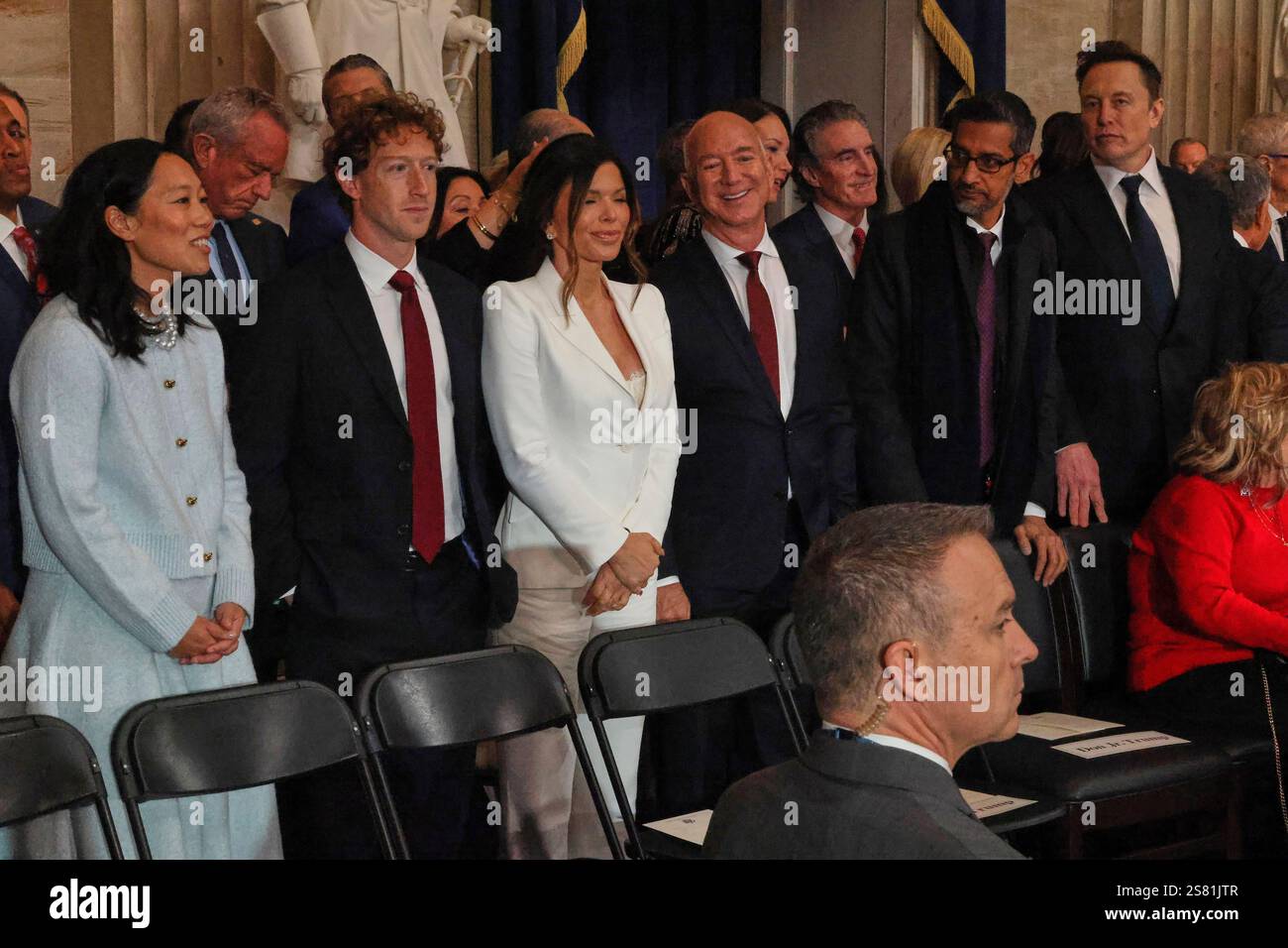 From left, Priscilla Chan, Mark Zuckerberg, Lauren Sanchez, Jeff Bezos ...