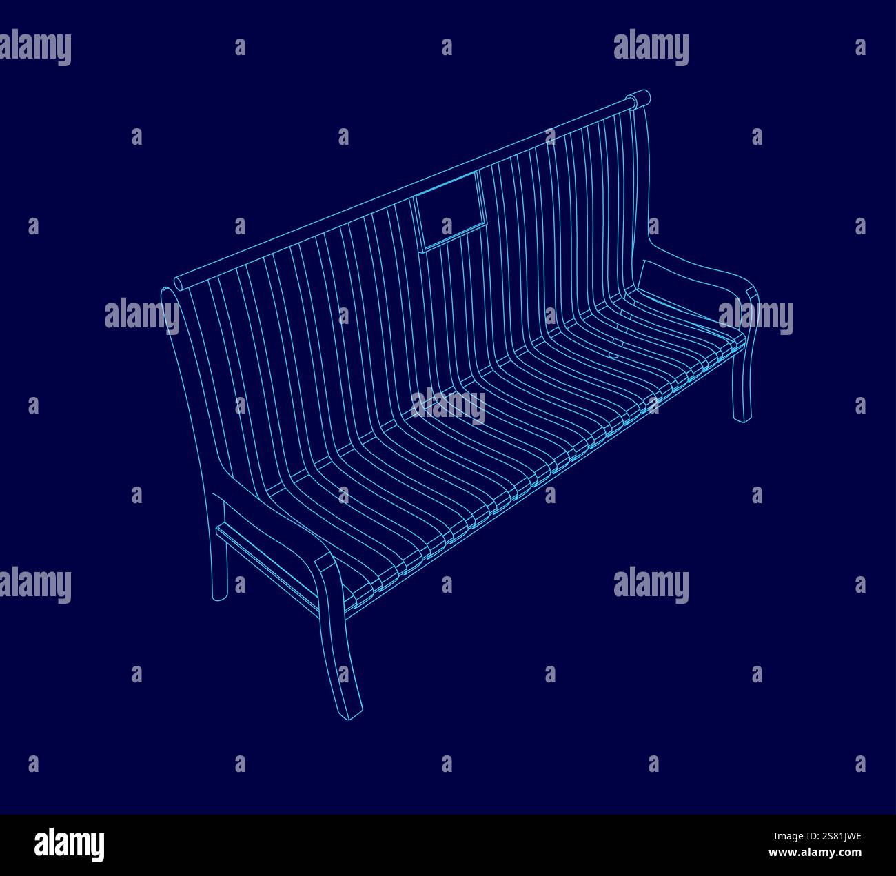 Blue image of a bench with a sticker on the back. The bench is shown in ...