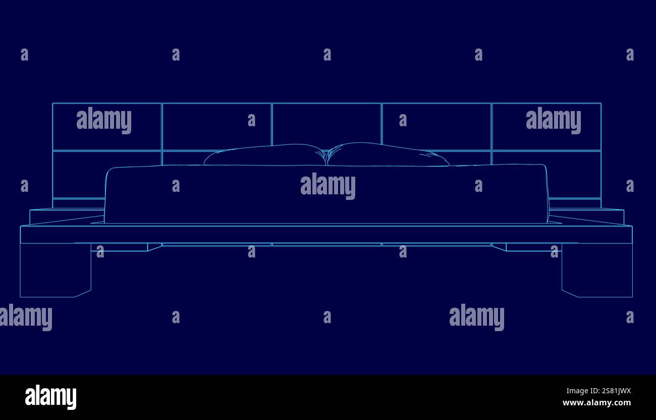 Bed is shown in a blue background. The bed is empty and the room is ...