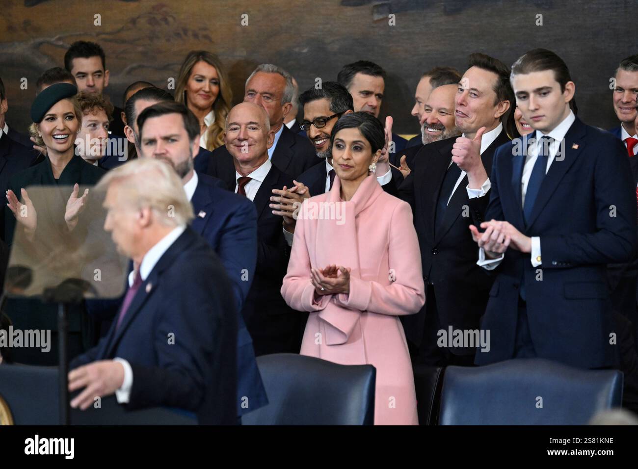 Tesla and SpaceX CEO Elon Musk gives a thumbs up as President Donald ...