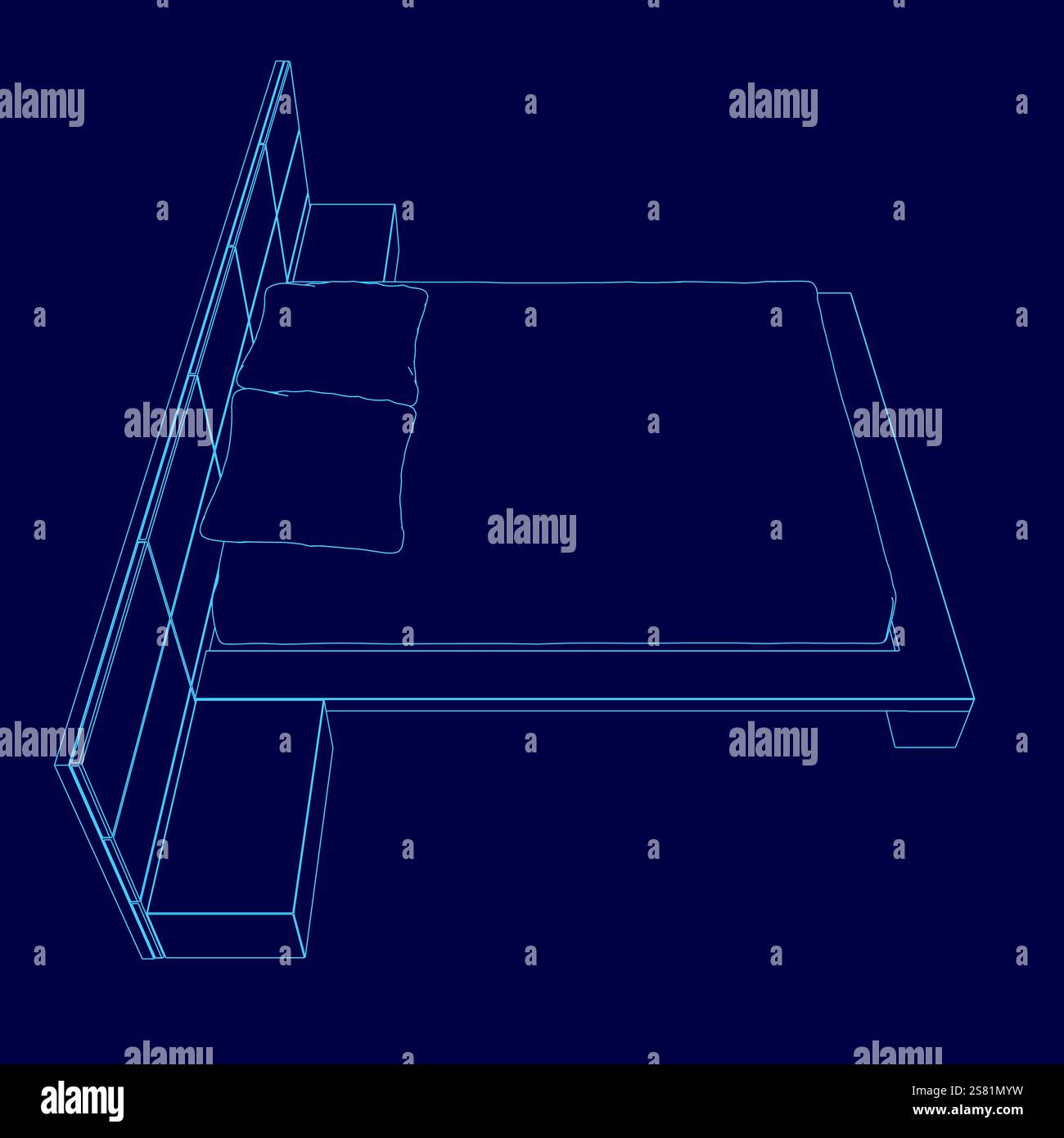 Bed with a blue frame and a pillow. The pillow is on the left side of ...