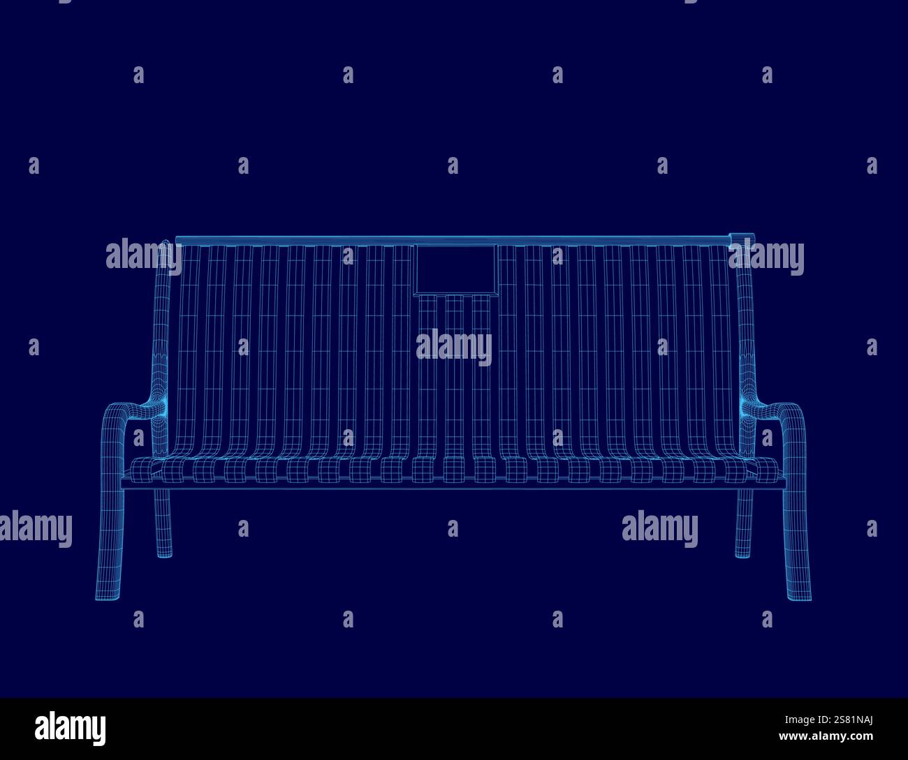 Blue bench shown in a blue background. The bench is shown in a 3D ...