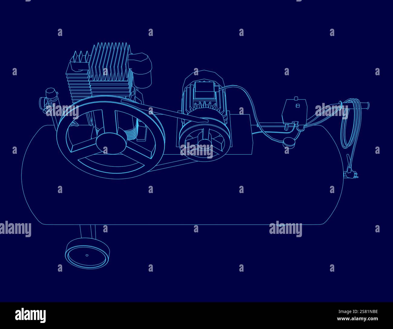 Blue drawing of a compressor with a wheels. The compressor is shown in ...