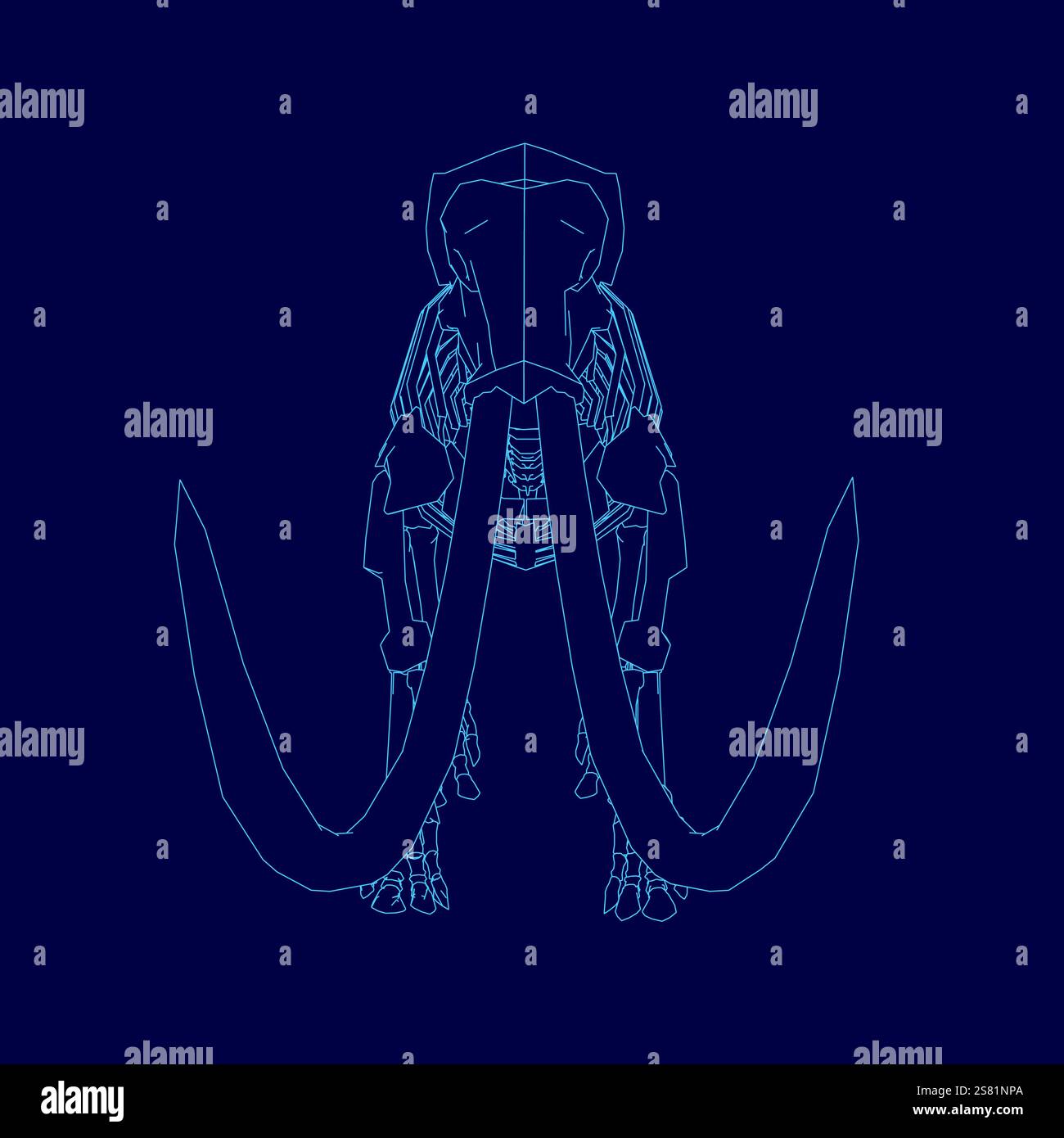 Blue drawing of an elephant's head with a large tusk. The drawing is of ...