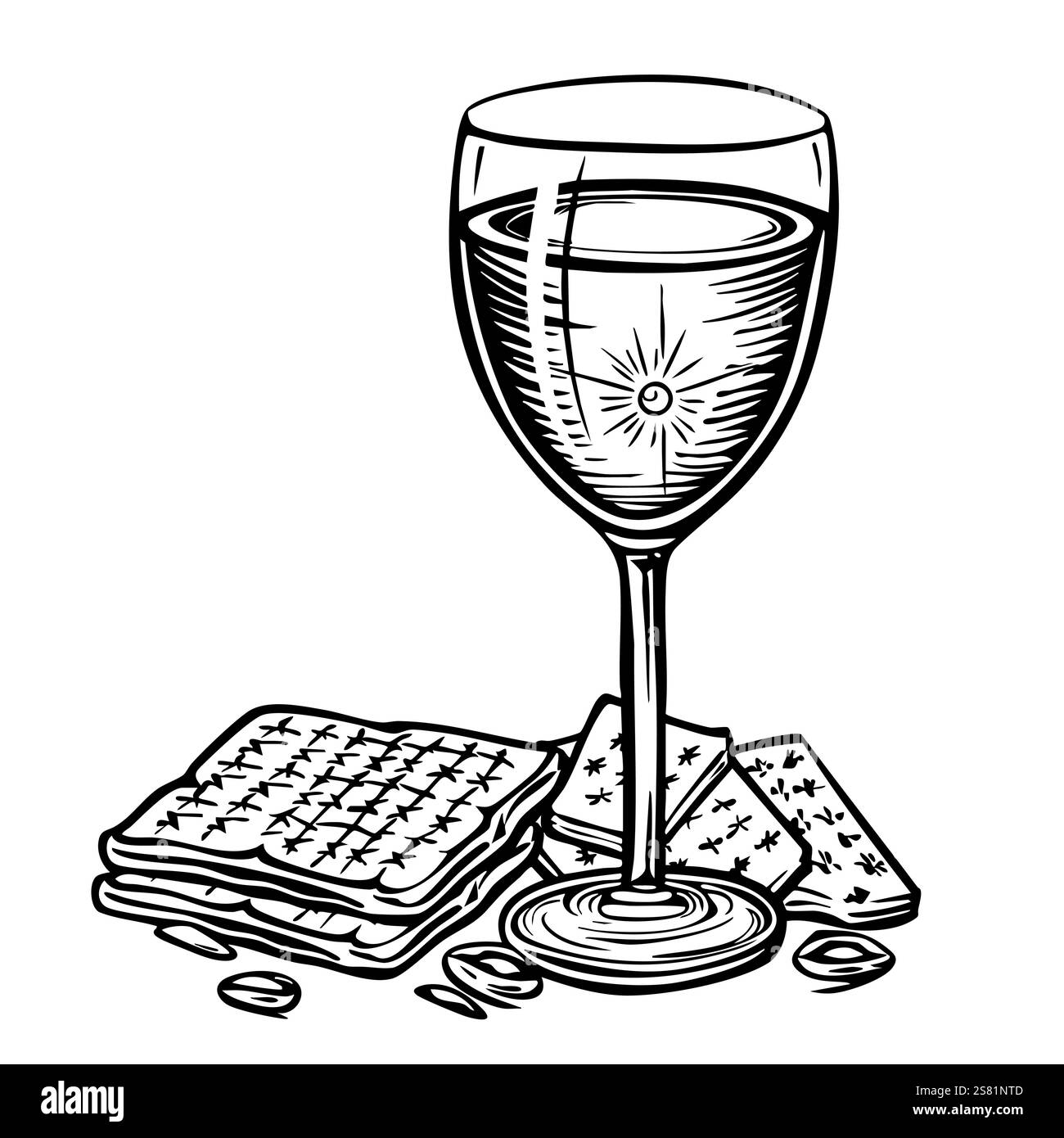 Happy Passover elements with Wine and Matzah in hand drawn doodle style ...