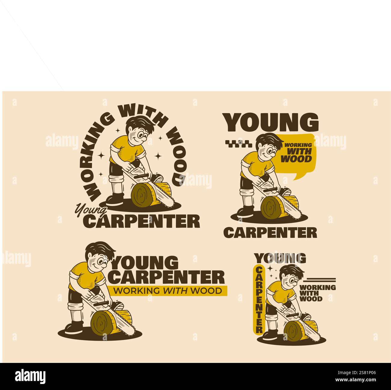 Young Carpenter, working with wood. character illustration of a ...