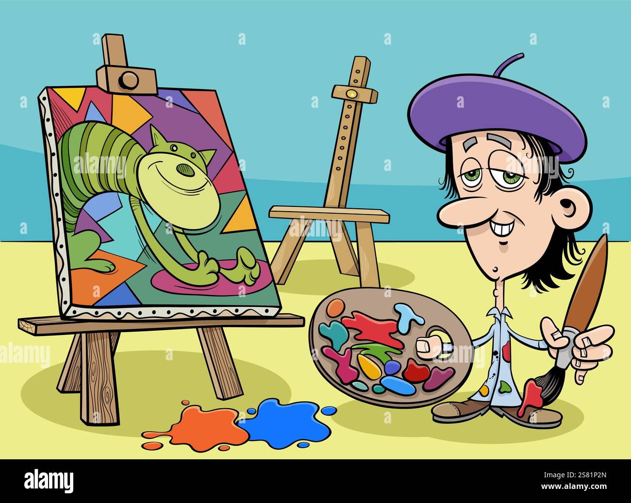 Cartoon illustration of funny artist painter character in his studio ...