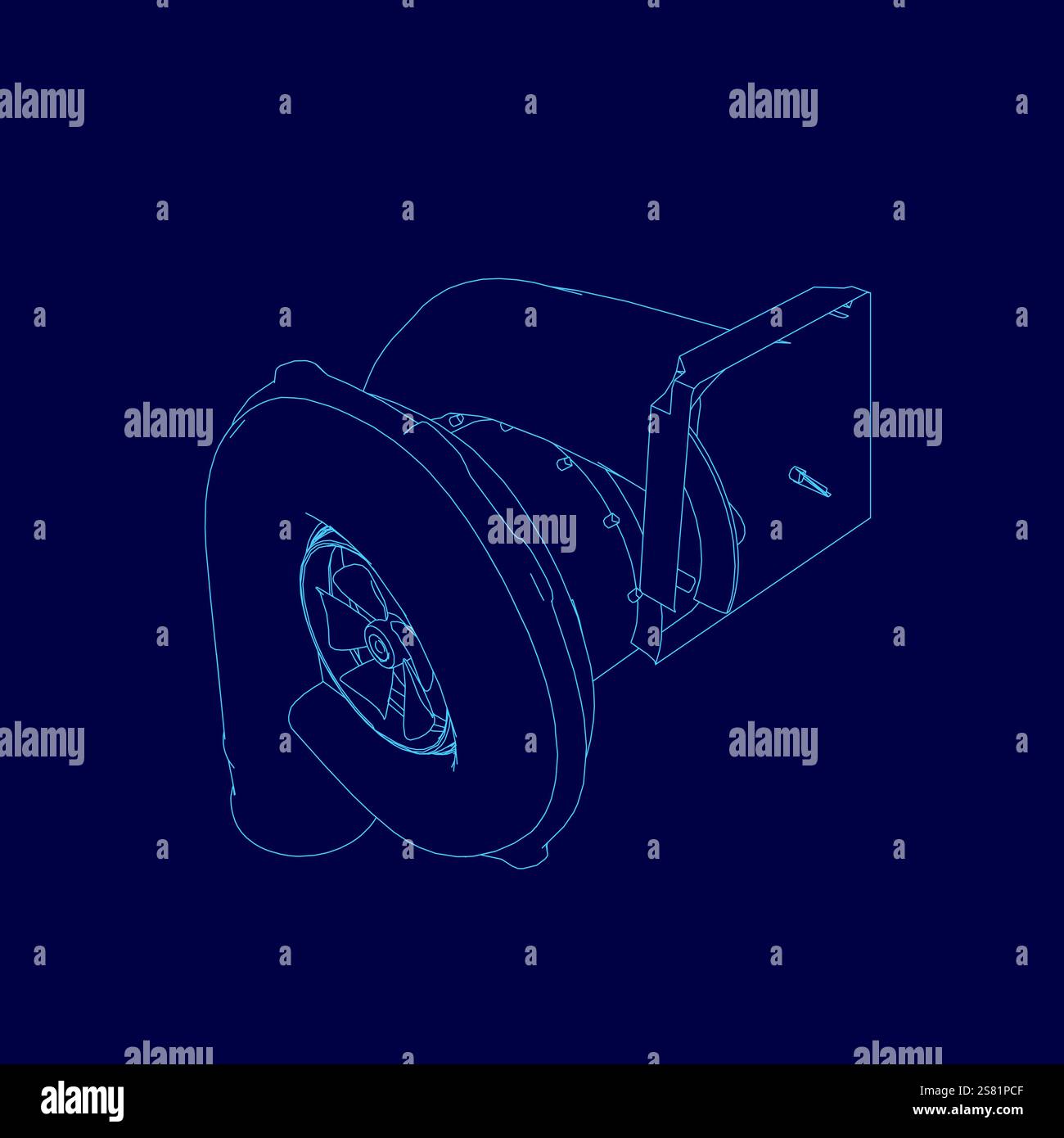 Blue drawing of a car turbo part of engine with a blue outline. The ...