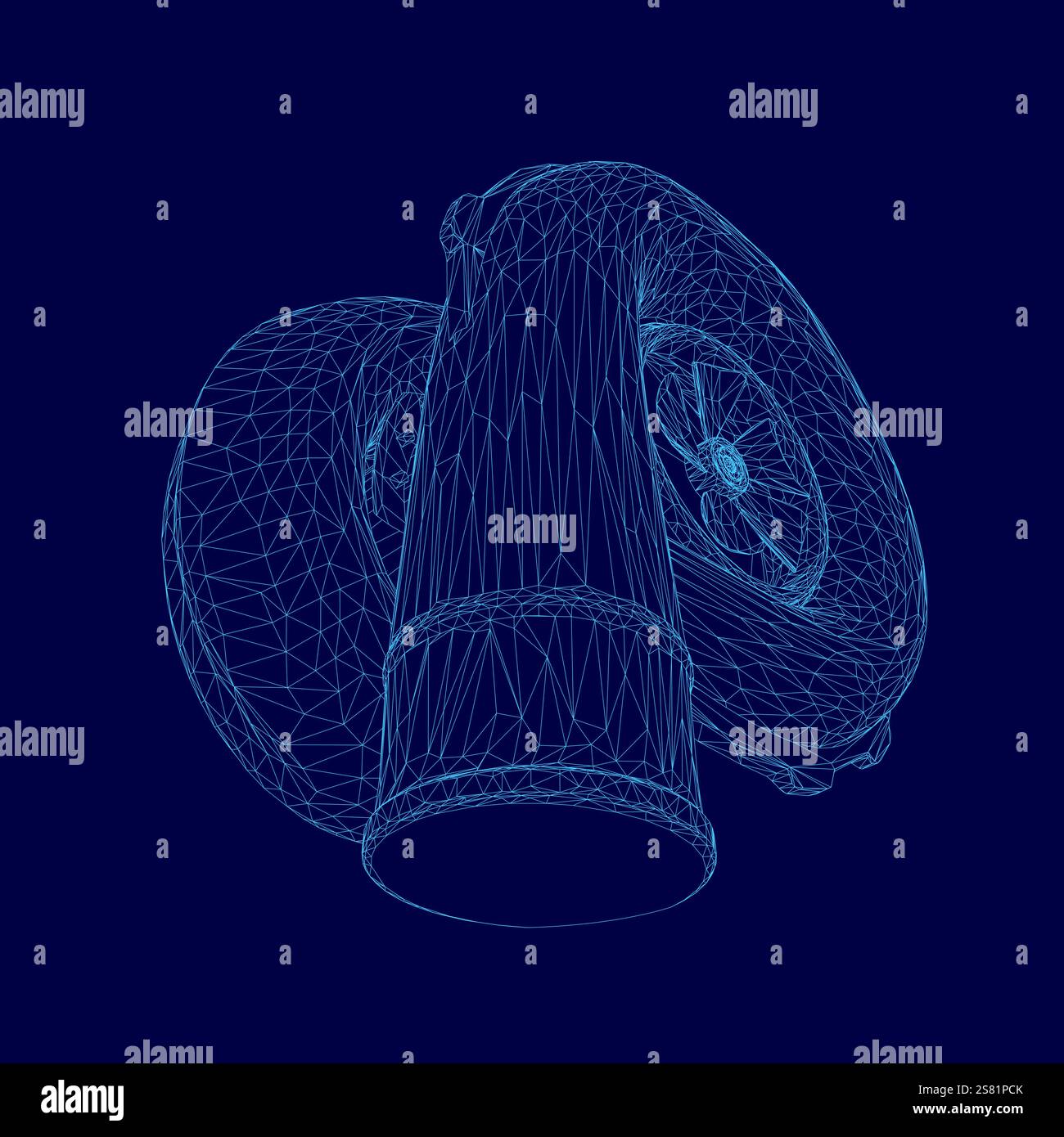 Blue drawing of a car turbo part of engine with a blue outline. The ...