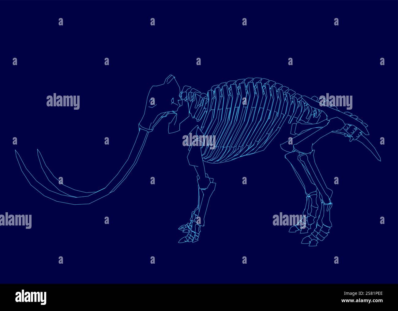 Blue background with a skeleton of a large animal with a long tusk. The ...