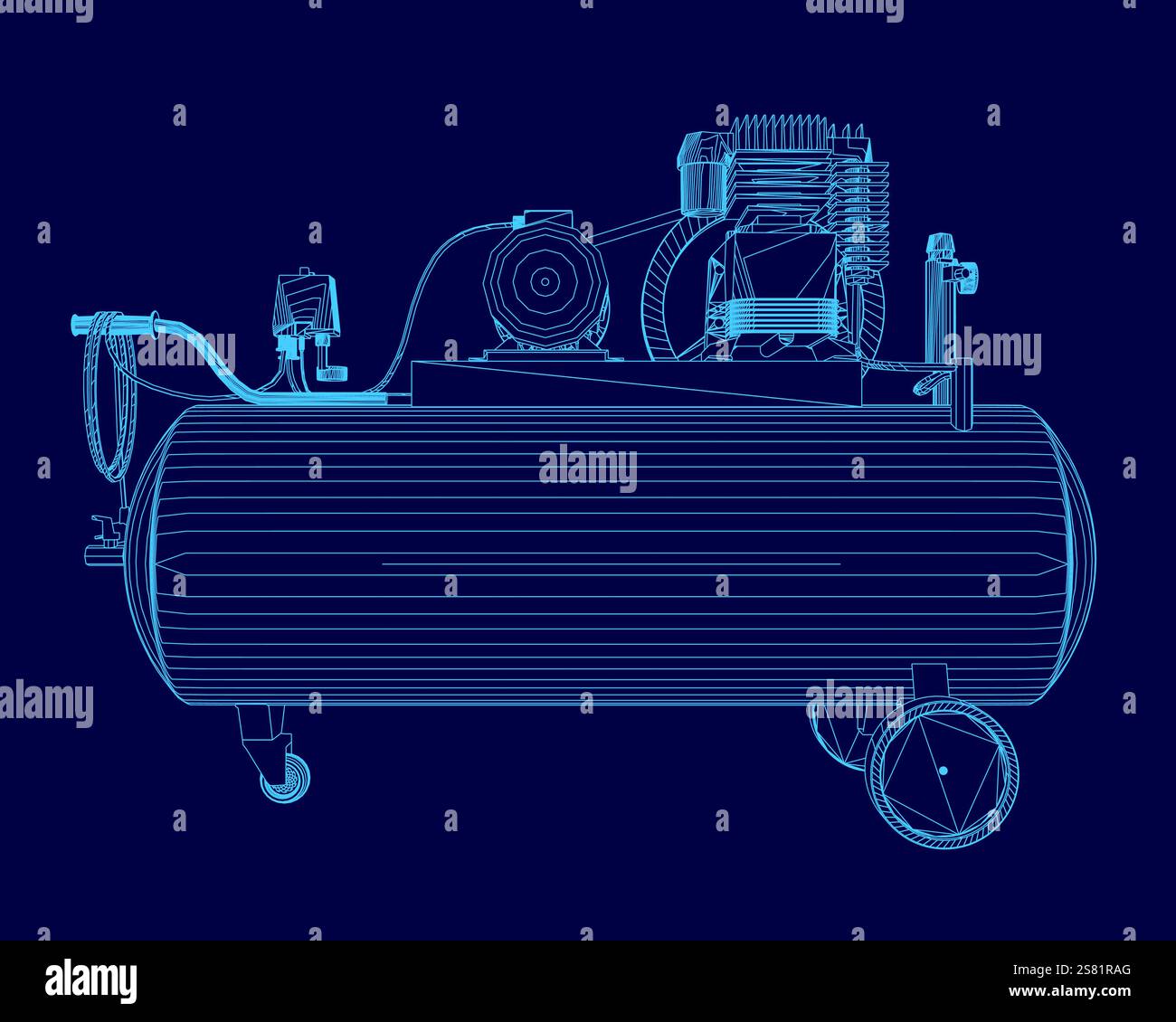 Blue drawing of a compressor. The compressor is a large, blue object ...