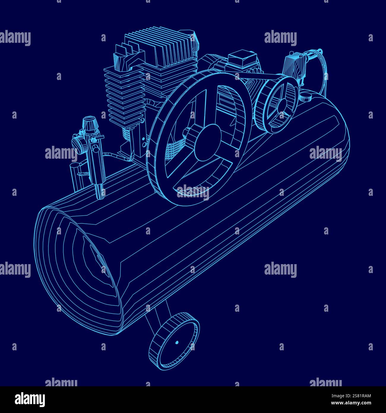 Blue drawing of a compressor. The compressor is a large, blue object ...