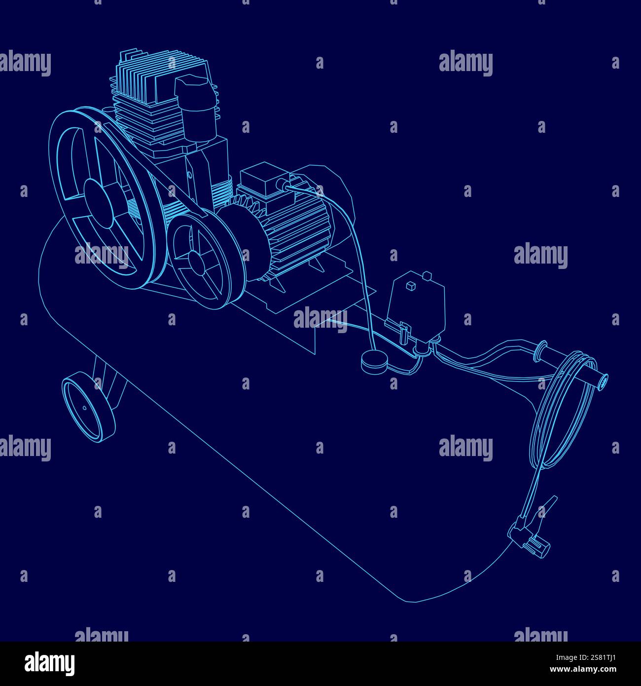 Blue drawing of a compressor with a belt. The compressor is shown in a ...