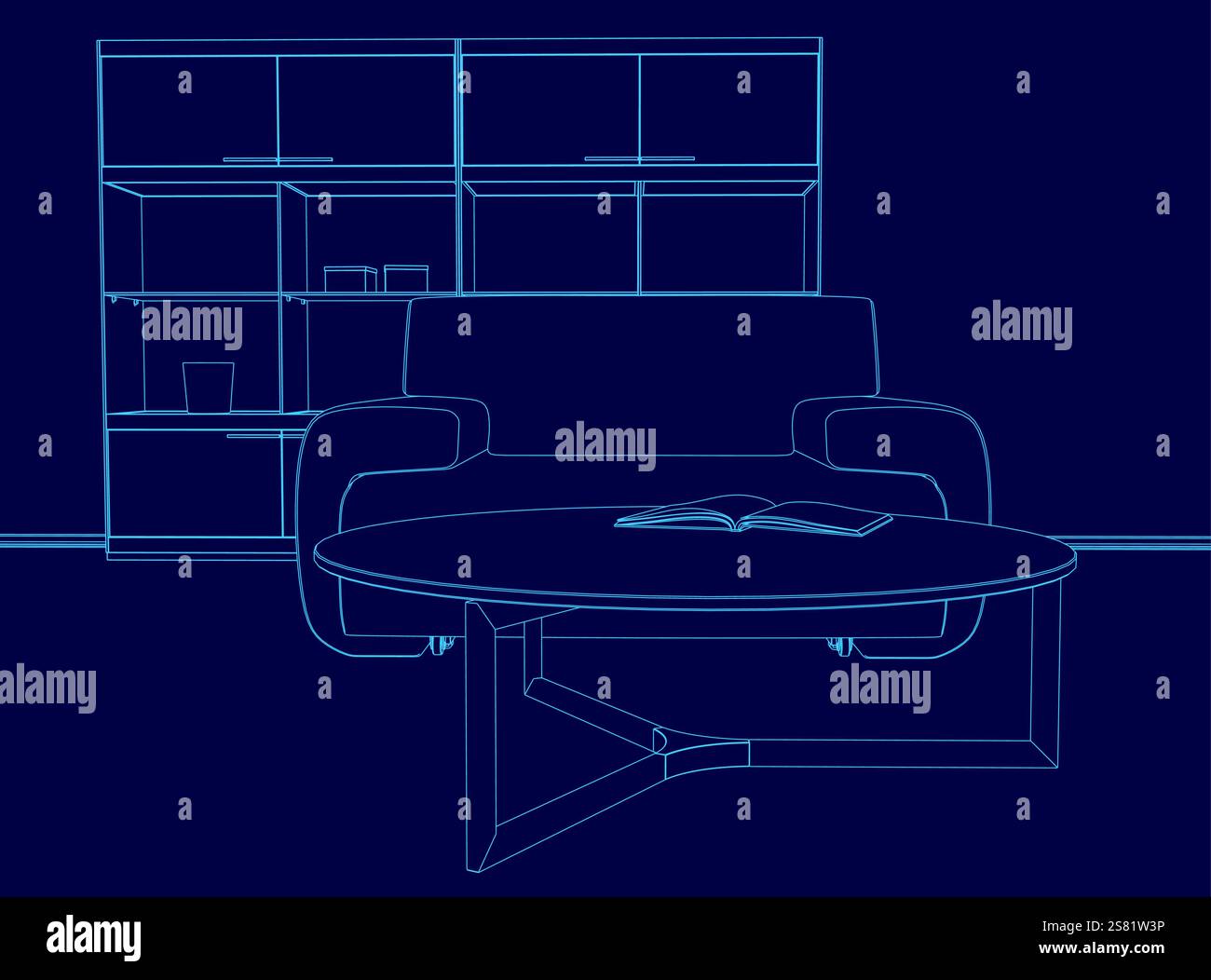 Blue drawing of a living room with a couch and coffee table. The couch ...