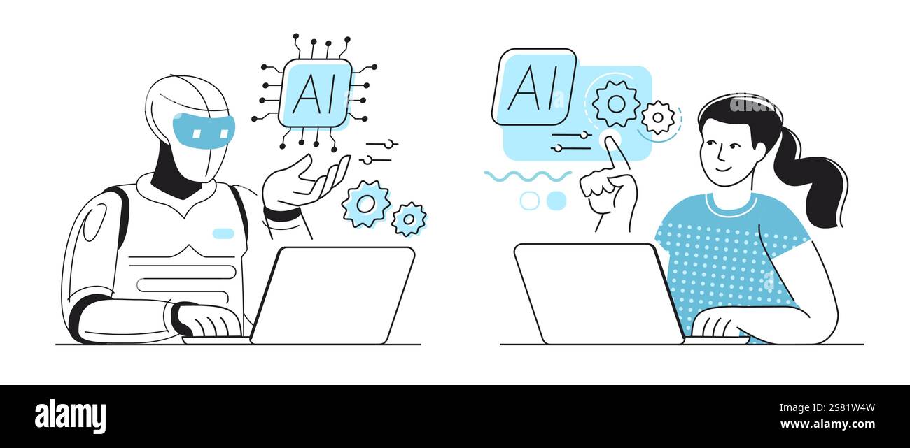 Humanoid robot working with laptop. Girl works with digital computing technologies using ...