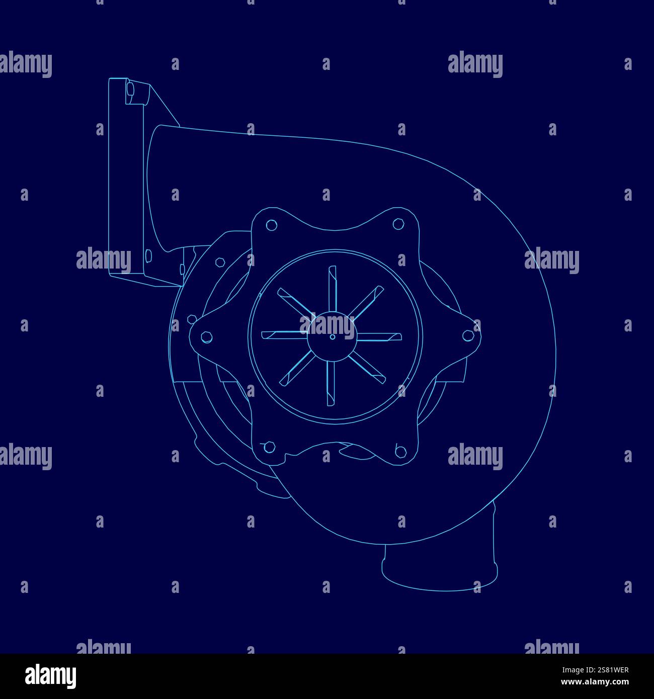 Blue drawing of a car turbine engine with a large fan. The fan is ...