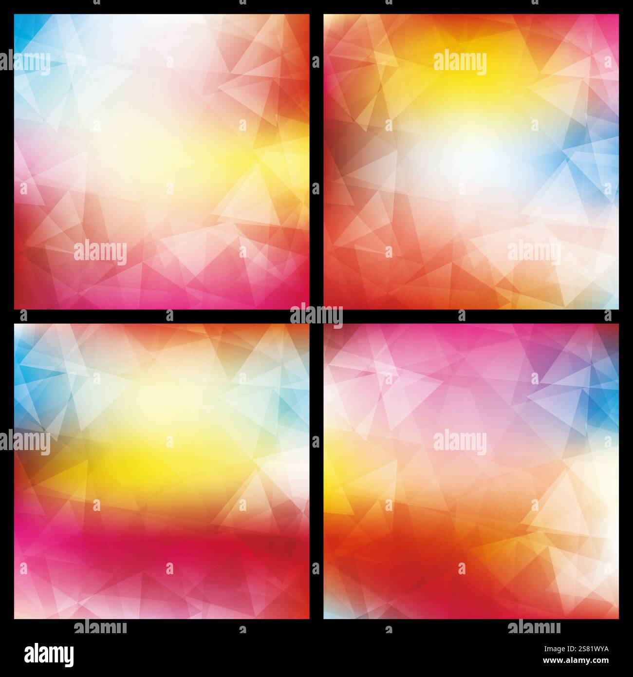 Set of bright patterns textured by triangles. Colorful raster ...