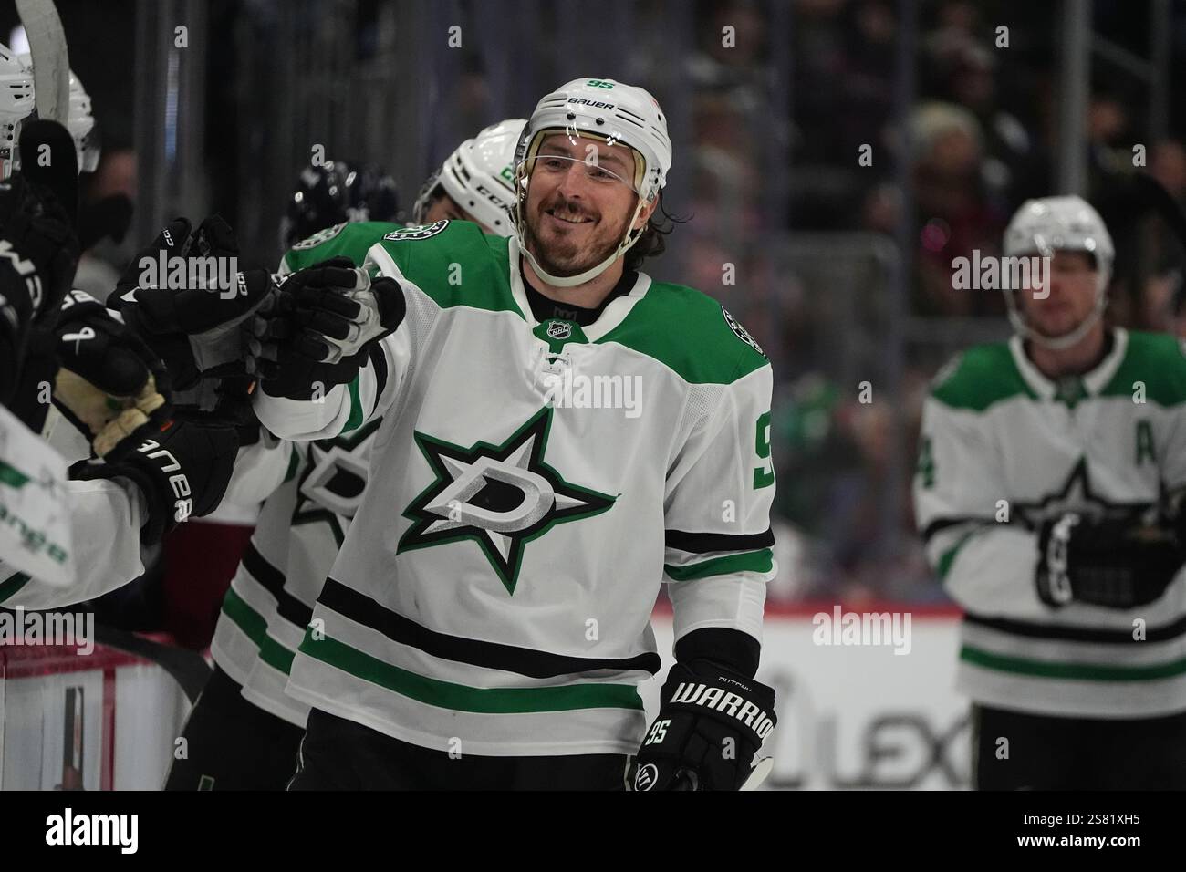 Dallas Stars center Matt Duchene (95) is congratulated as he passes the ...