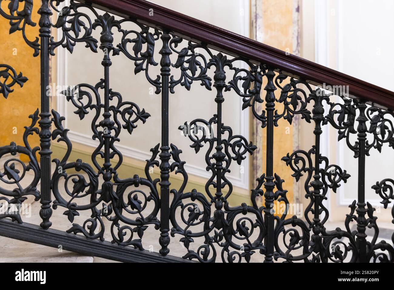 Vintage ornamental handrails with black forged iron decoration, classic ...