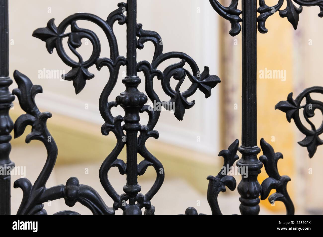 Vintage black forged iron, ornamental handrails decoration, close-up ...