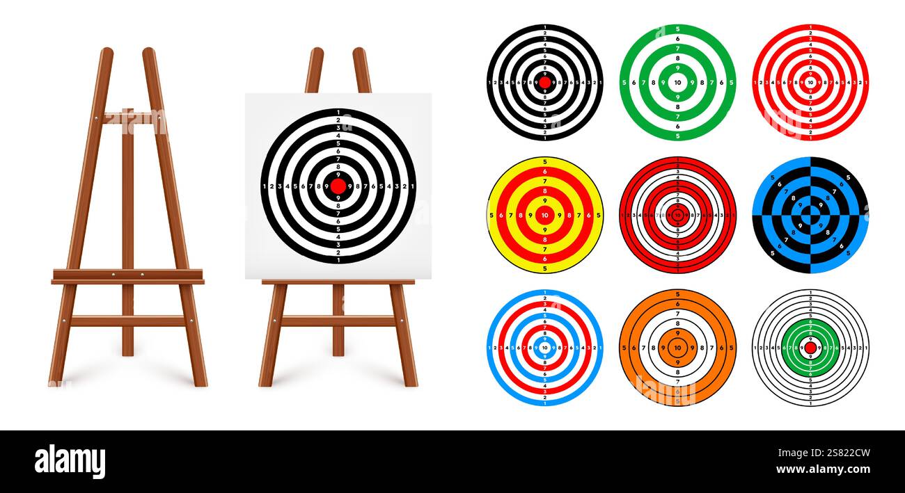 Shooting range target on a wooden easel stand. Paper target with ...