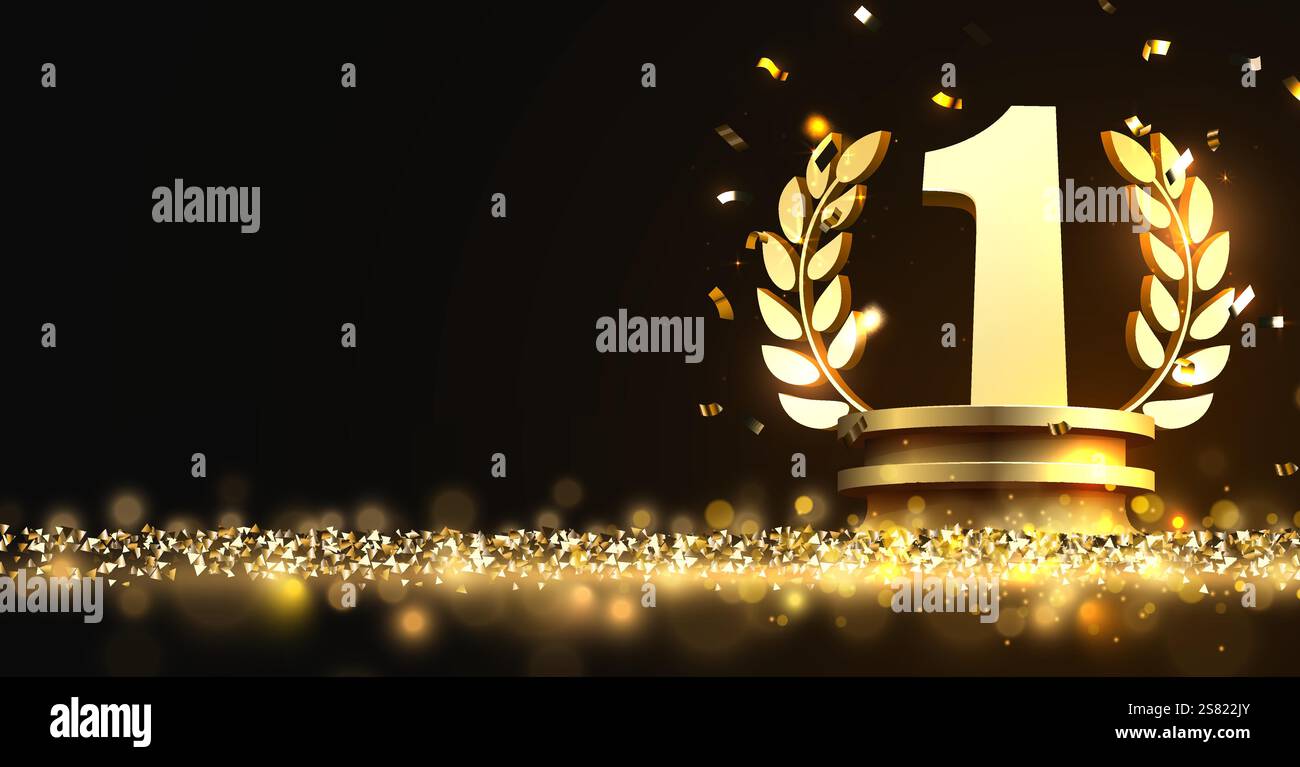Winner award. Number one. Golden laurel wreath on podium with falling ...
