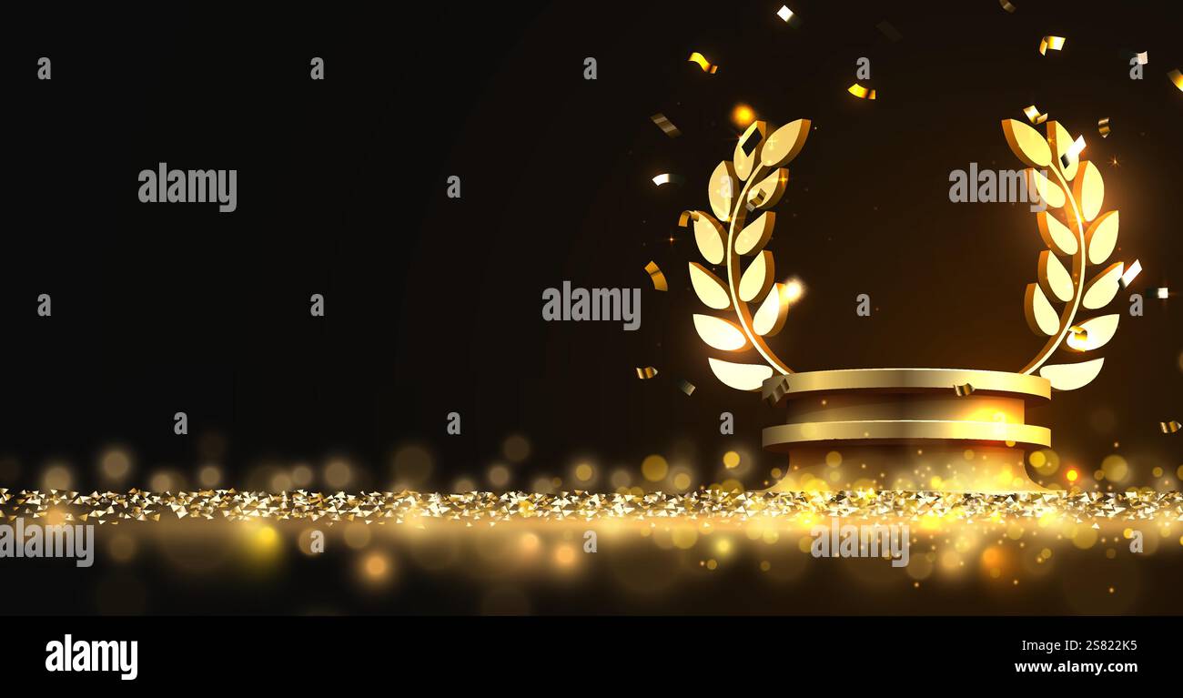 Award round podium with laurel wreath on dark background. Vector golden ...