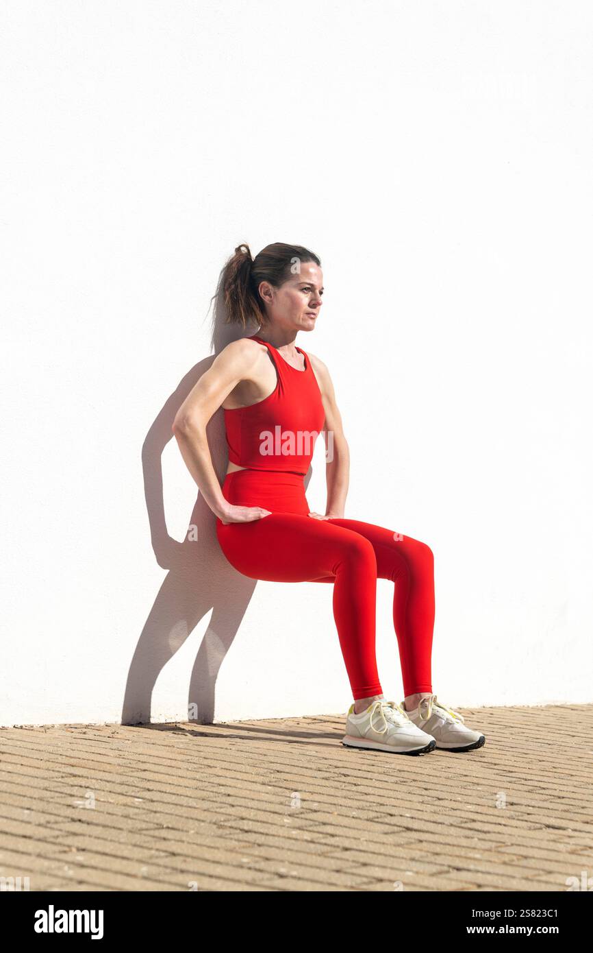 Athletic female performing wall squat exercise outdoors against white ...