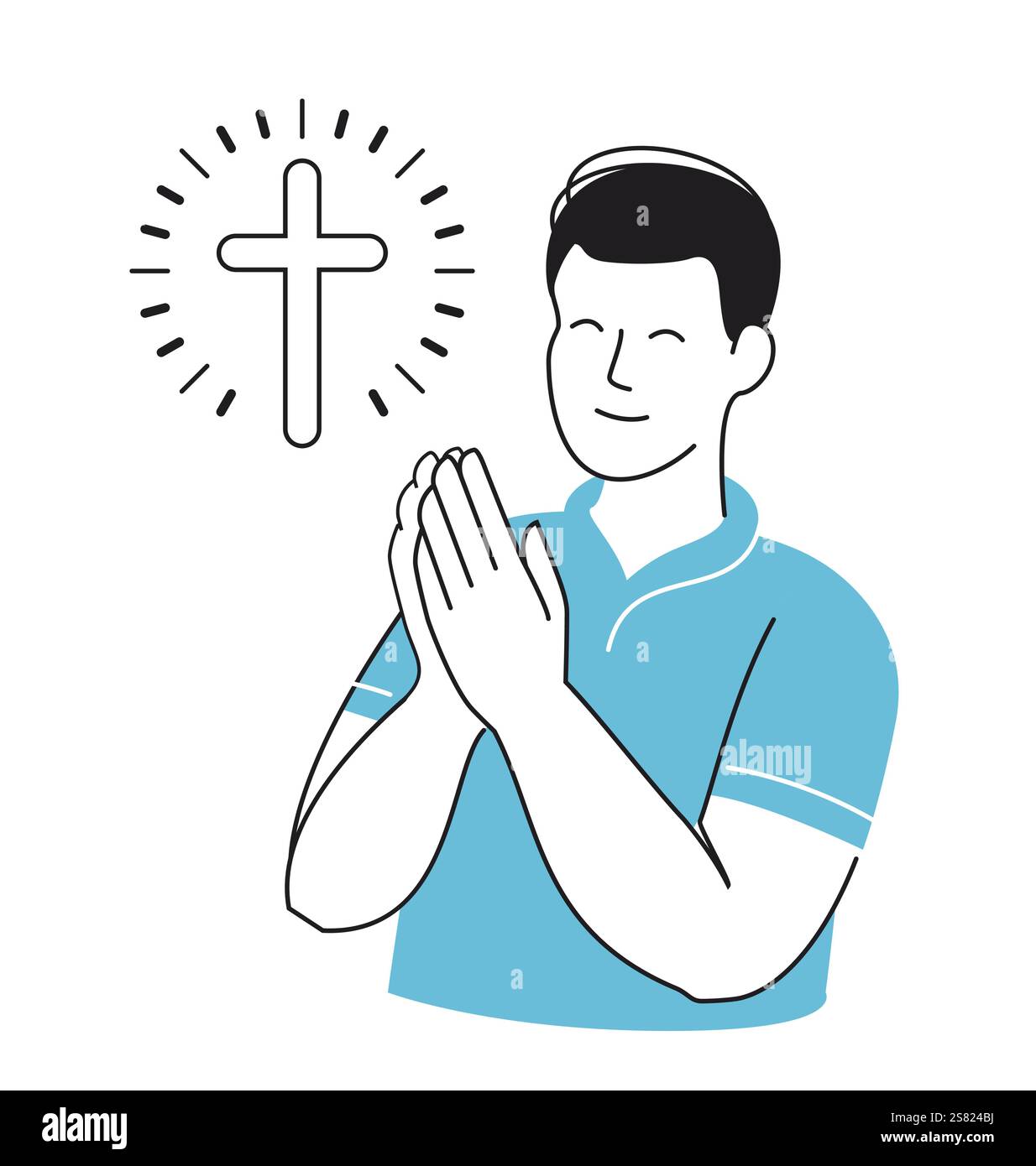 Man prays with clasped hands. Bible, prayer, church service symbol ...