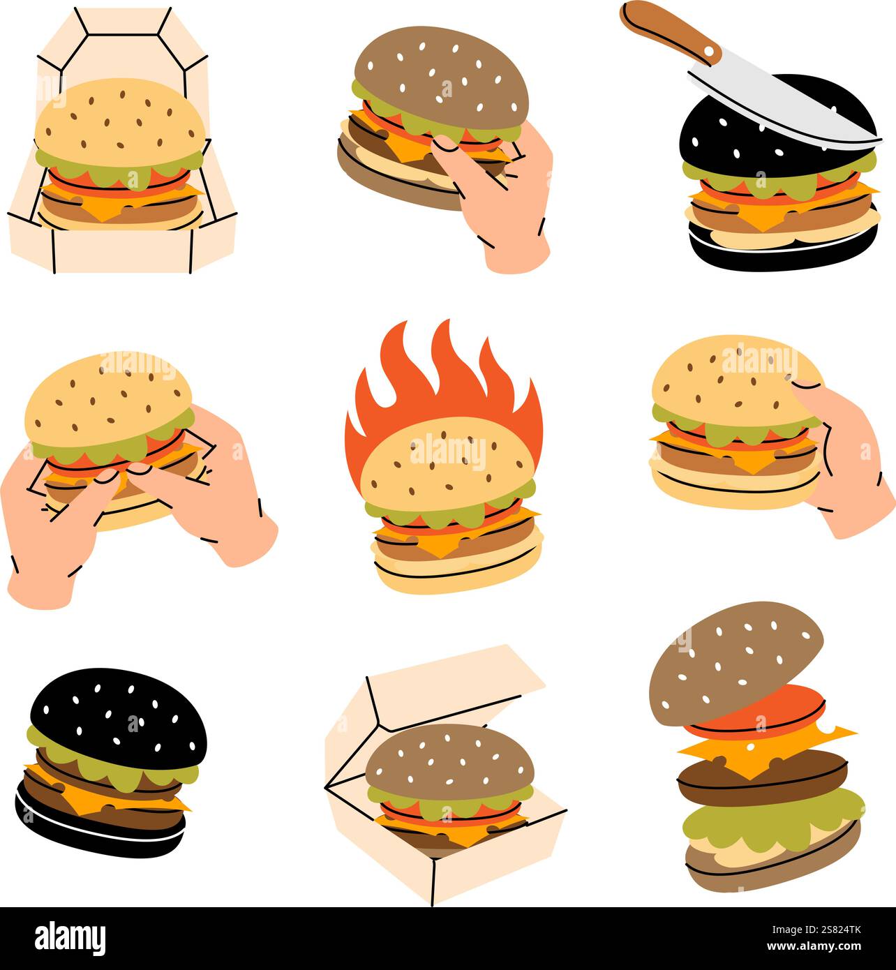Burger set. Beef burger, hamburger, veggie burger, cheeseburger. Hand ...