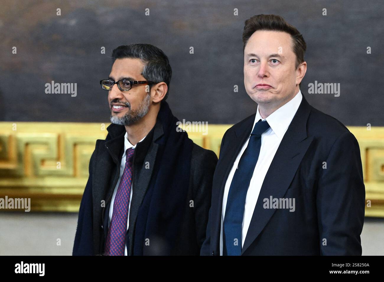 (L-R) Google CEO Sundar Pichai speaks and Tesla and SpaceX CEO Elon ...
