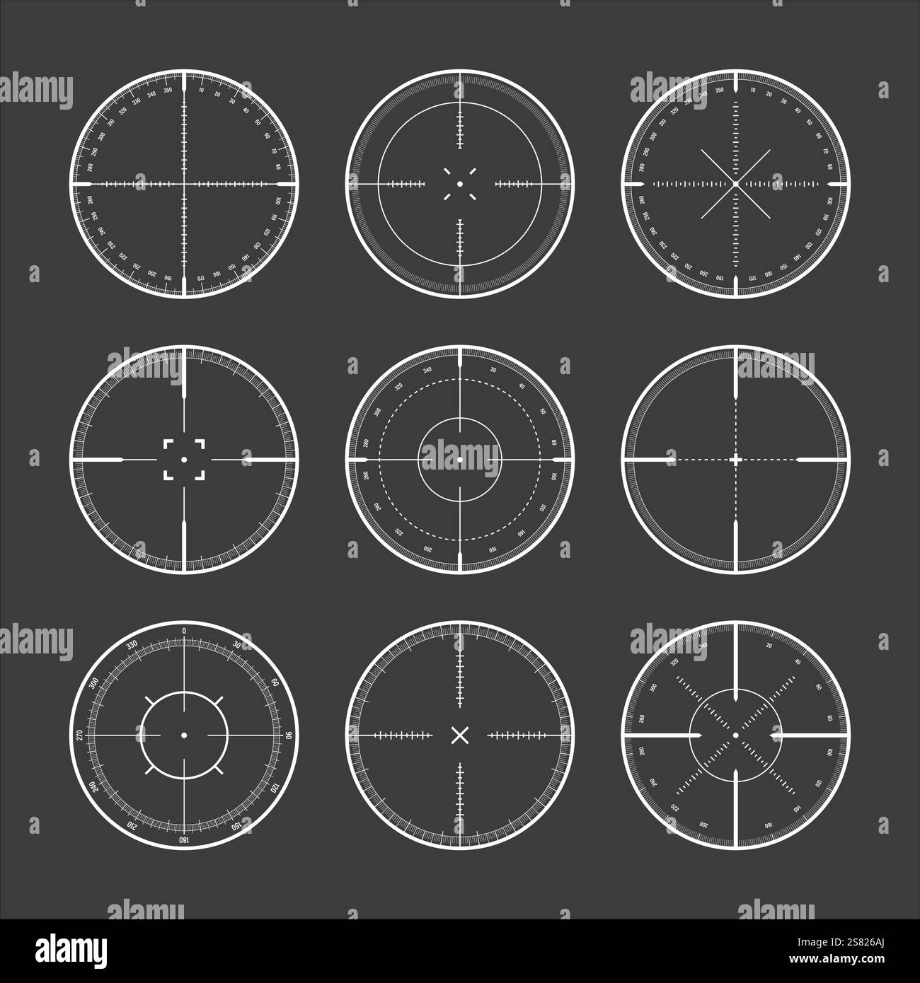 Various sniper rifle sights with degree scale, weapon optical scope ...