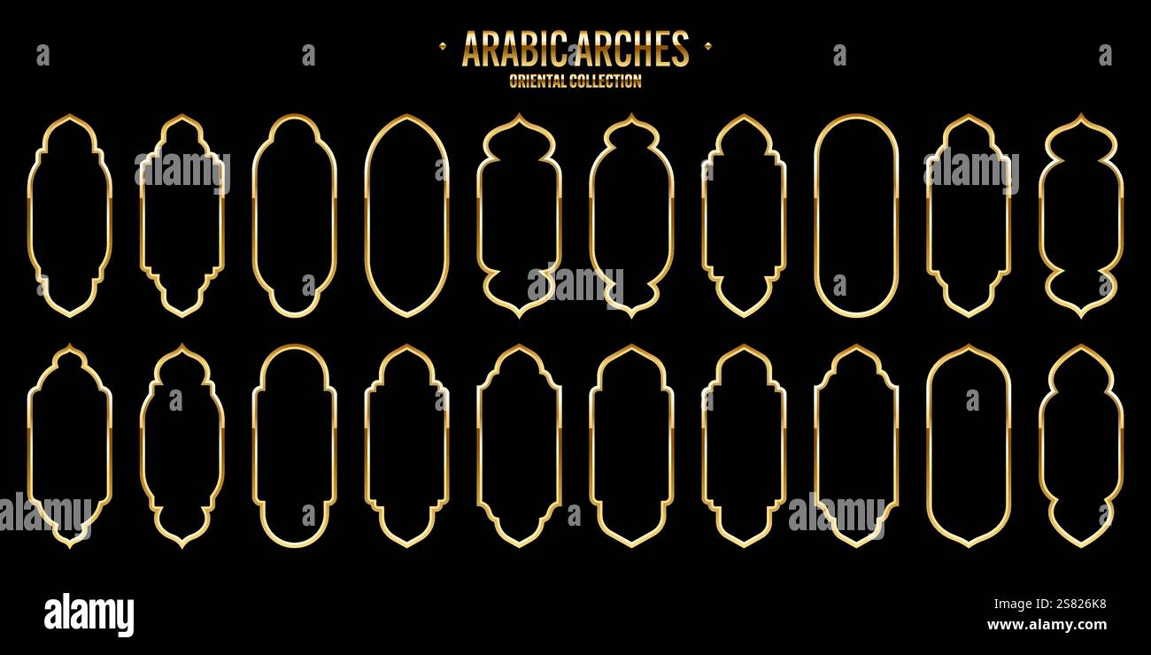 Islamic frames, oriental style. Golden arabic shapes, windows and ...