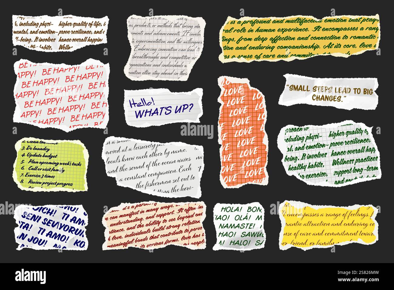 Ripped paper strips with handwritten text. Realistic crumpled paper ...