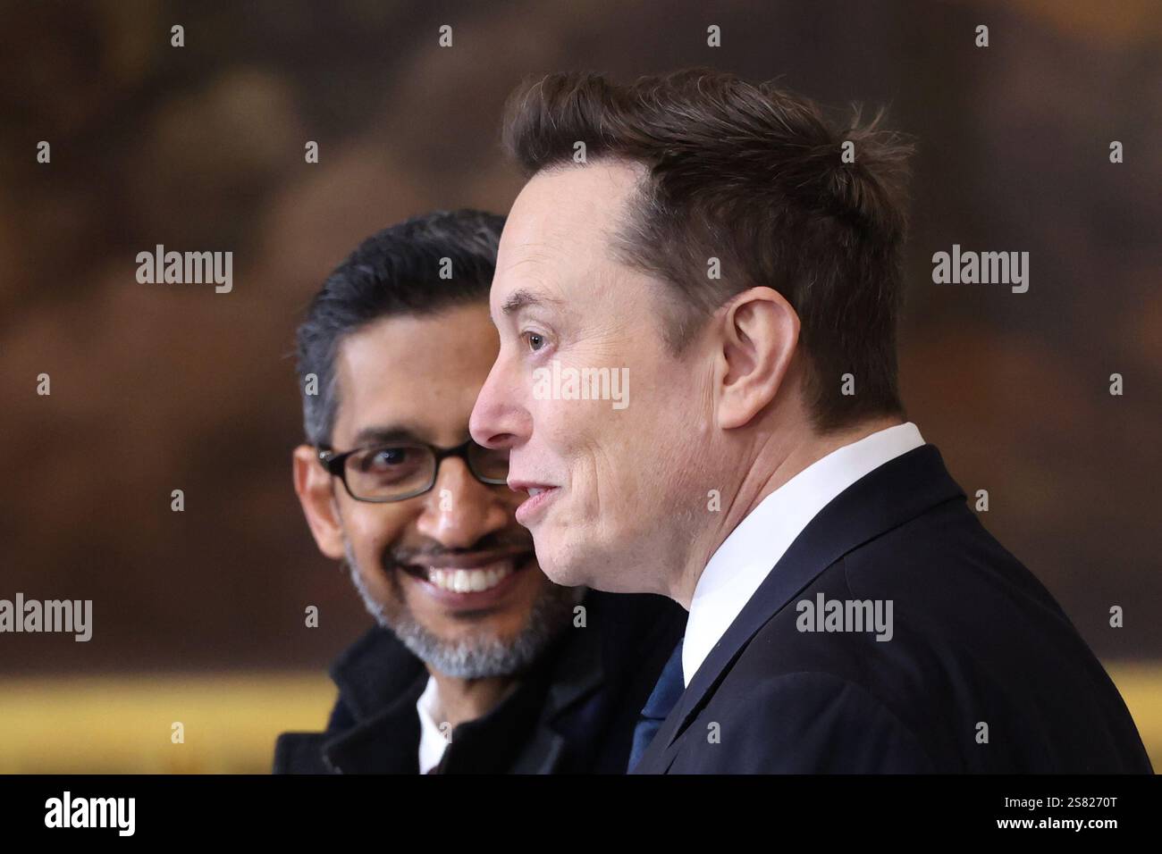 Google CEO Sundar Pichai and Tesla and SpaceX CEO Elon Musk interact ...