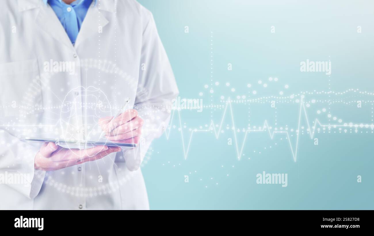 Doctor male is holding tablet with experiences a virtual interface with ...