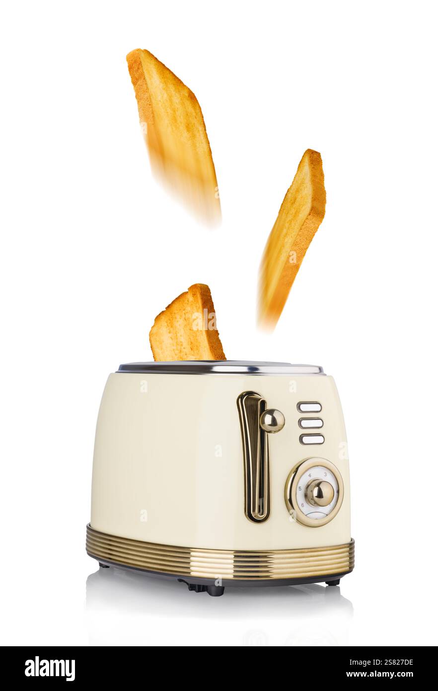 Vintage toaster and flying pieces of toasted bread for food isolated on ...