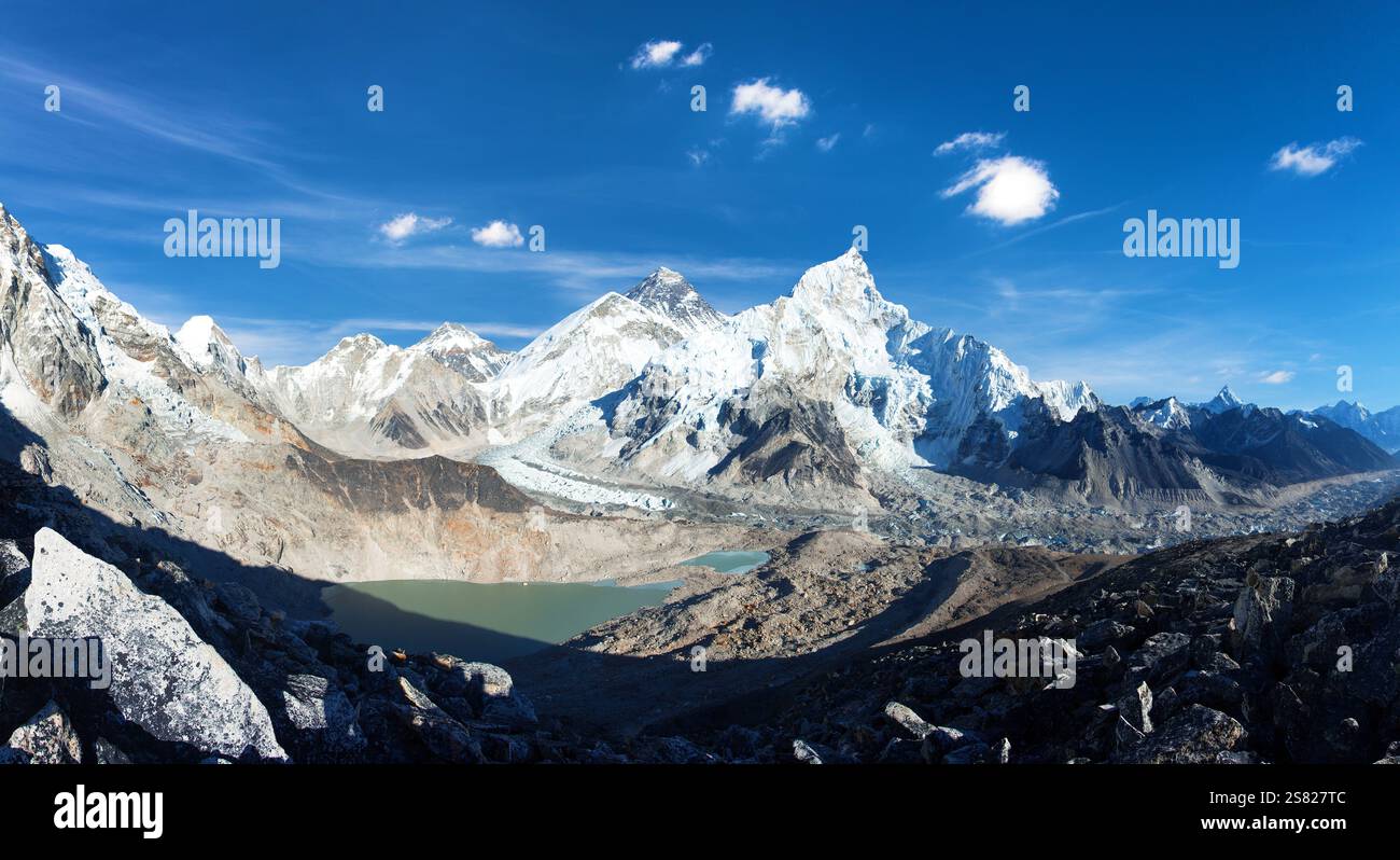 Panoramic view of mount Everest and mt. Nuptse, Khumbu valley and ...