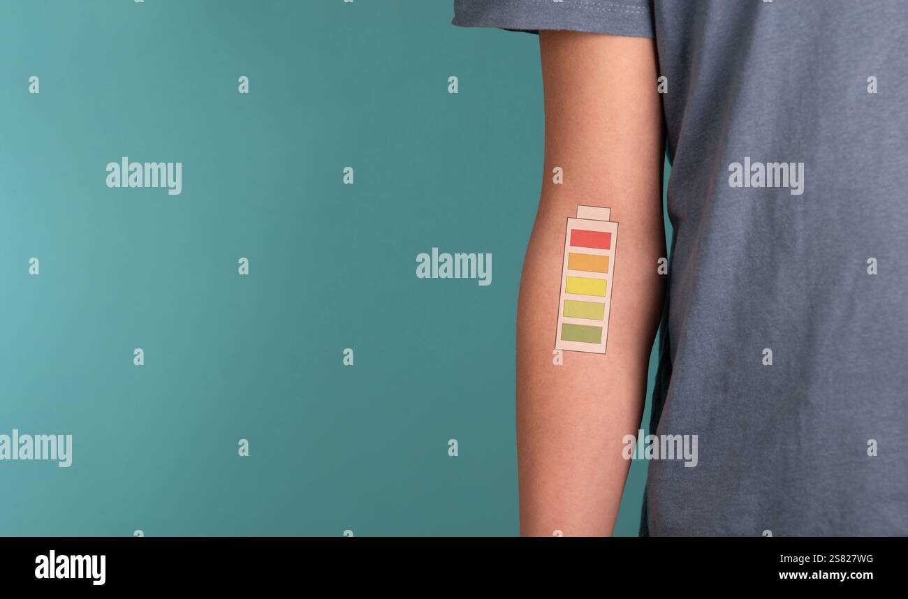 Arm with battery loading, positive thinking and mental health concept ...